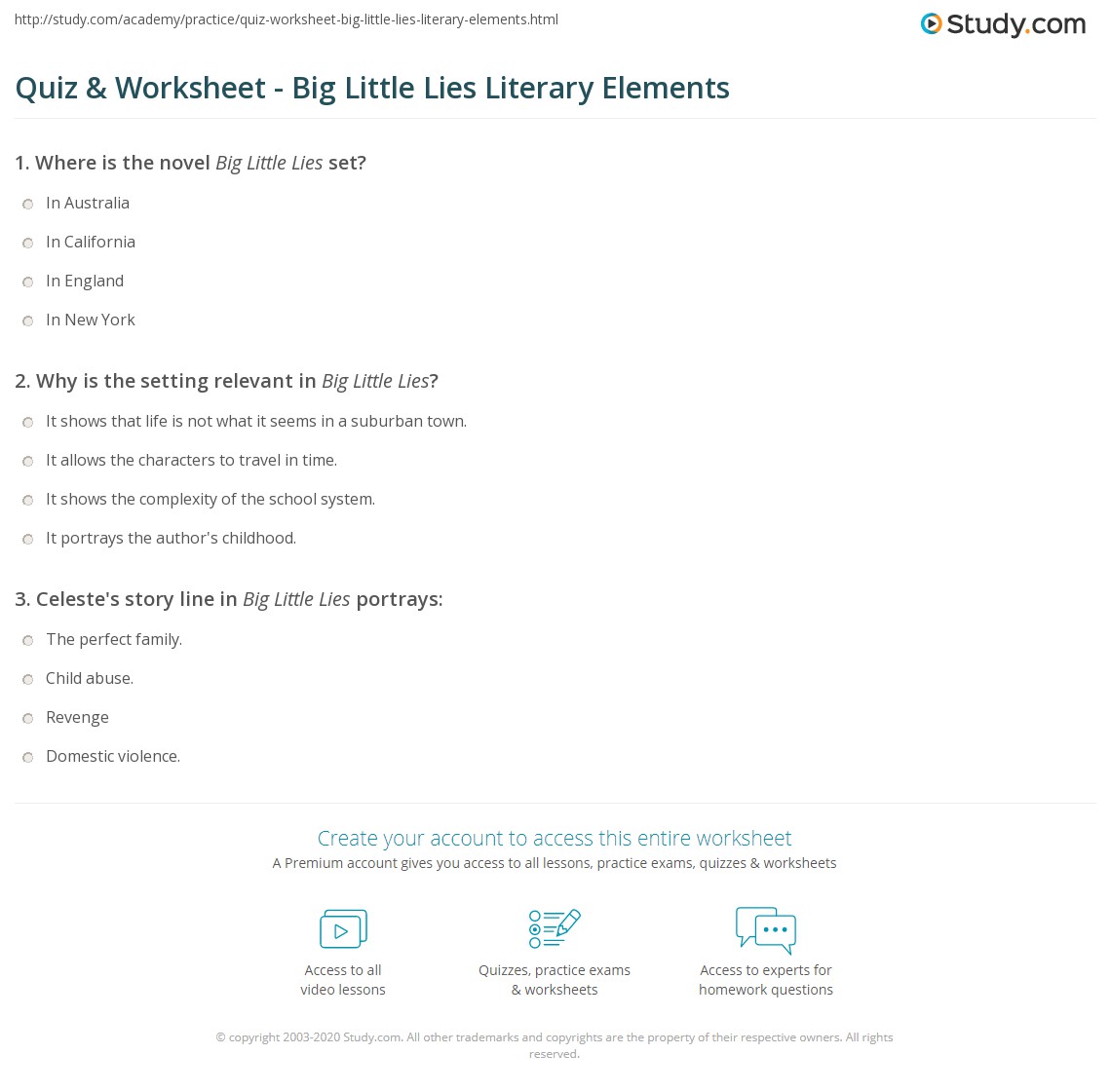 Quiz & Worksheet - Big Little Lies Literary Elements | Study.com