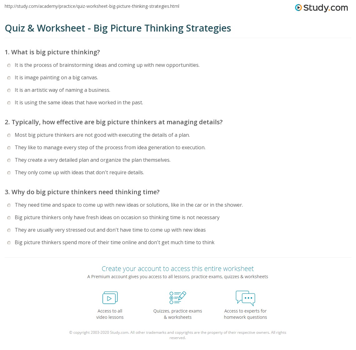 Quiz & Worksheet - Big Picture Thinking Strategies | Study.com
