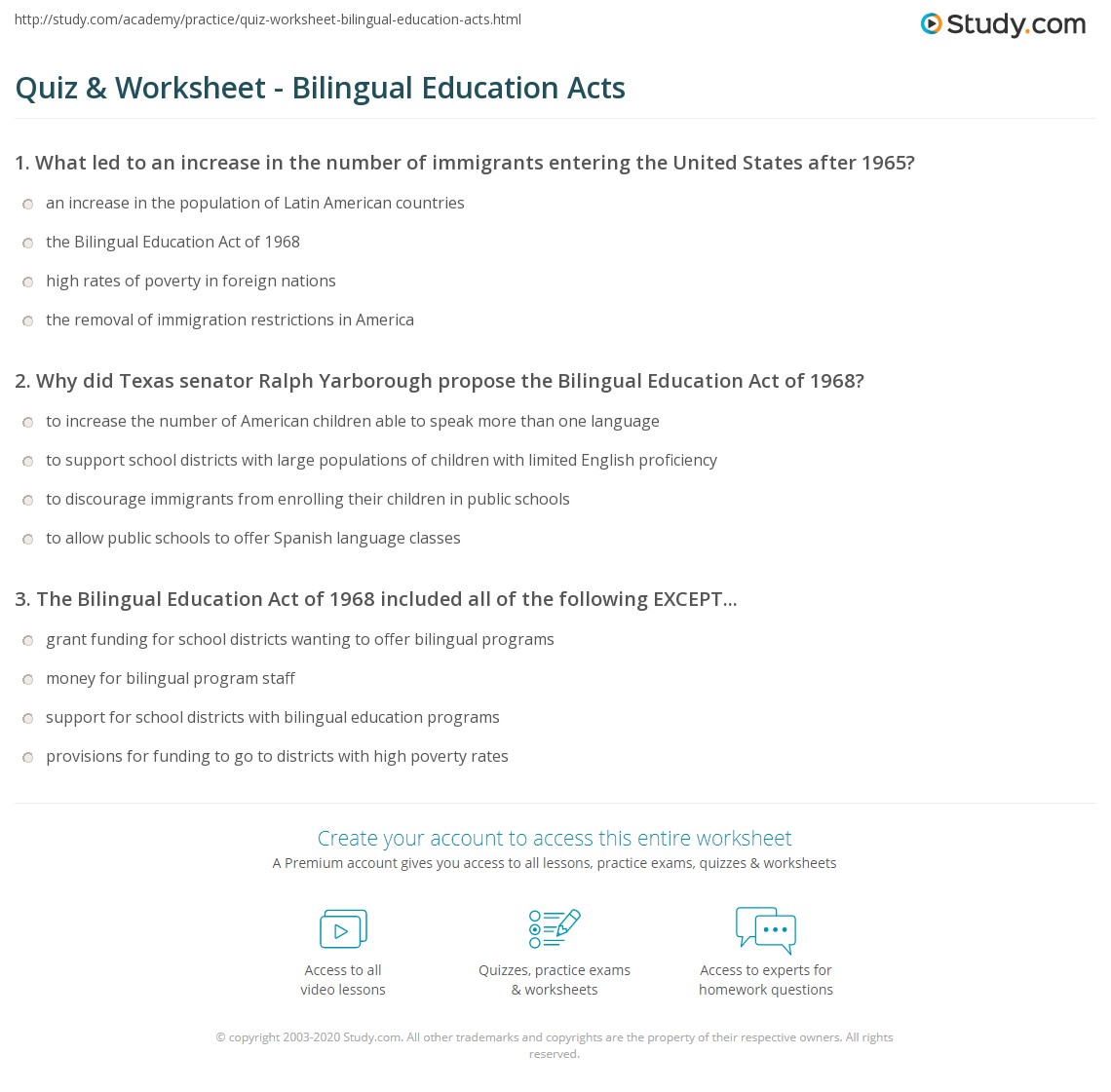 Quiz & Worksheet - Bilingual Education Acts | Study.com