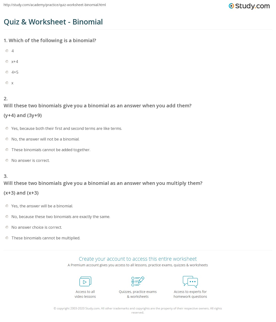 Quiz & Worksheet - Binomial | Study.com