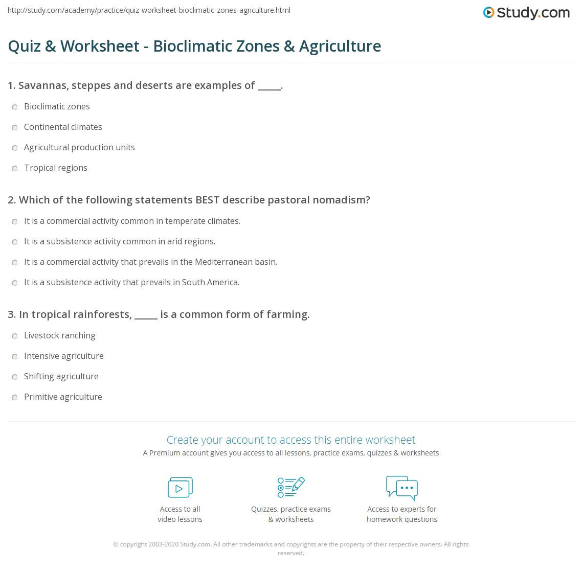 Quiz & Worksheet - Bioclimatic Zones & Agriculture | Study.com