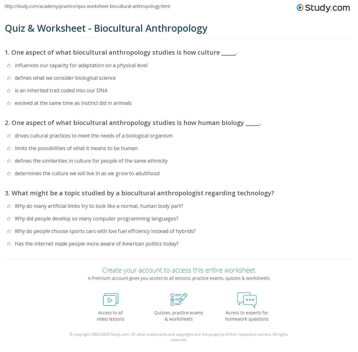 Quiz & Worksheet - Biocultural Anthropology | Study.com