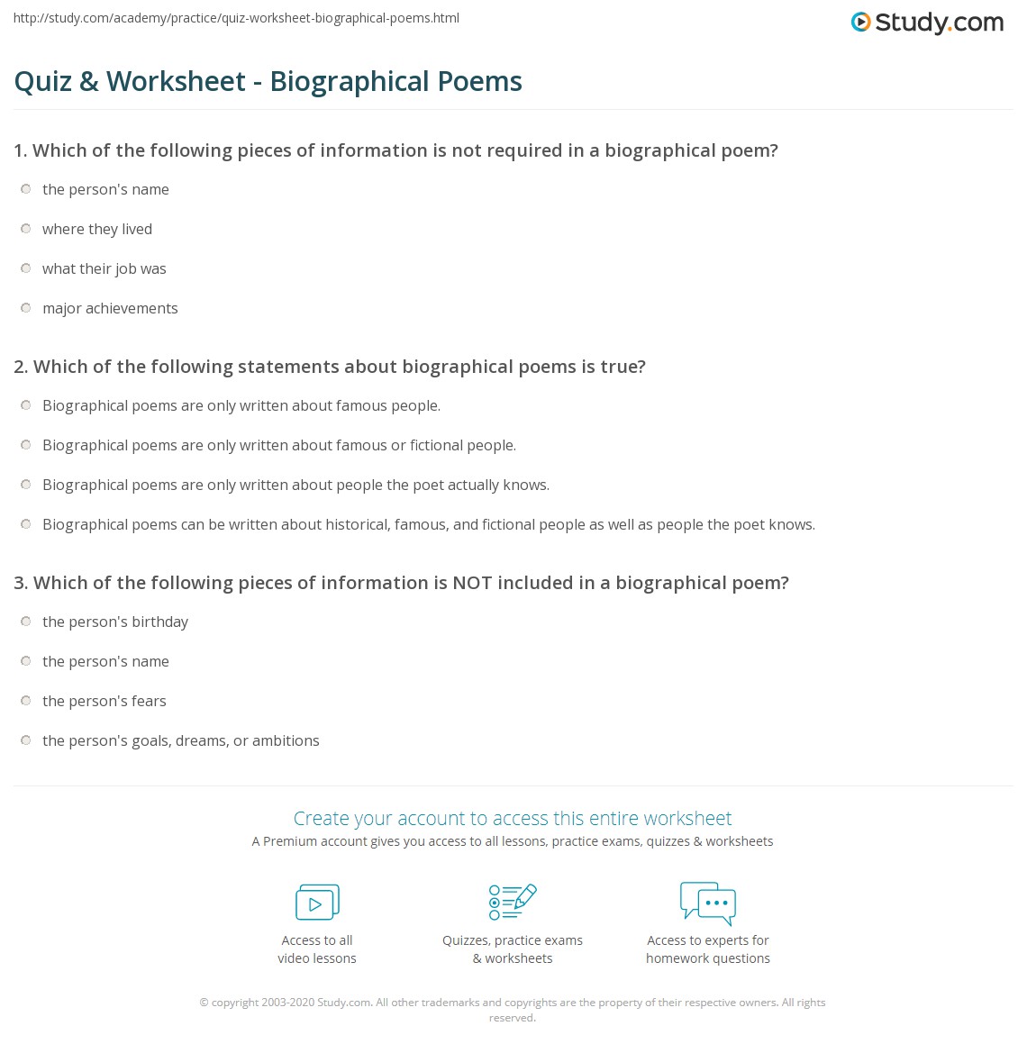 Quiz & Worksheet - Biographical Poems | Study.com