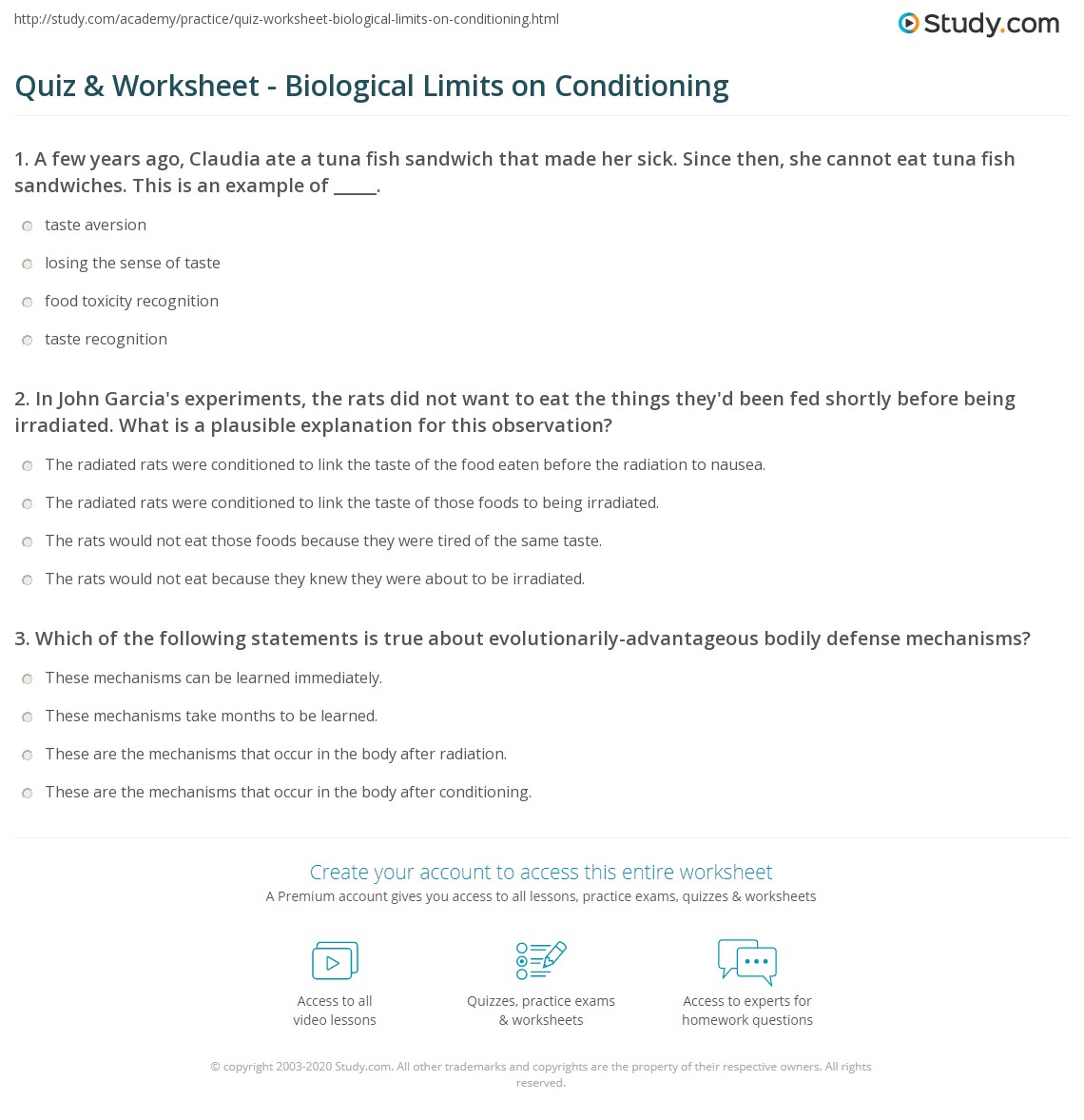 Quiz & Worksheet - Biological Limits on Conditioning | Study.com