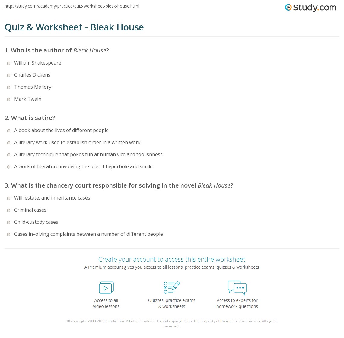 Quiz & Worksheet - Bleak House | Study.com