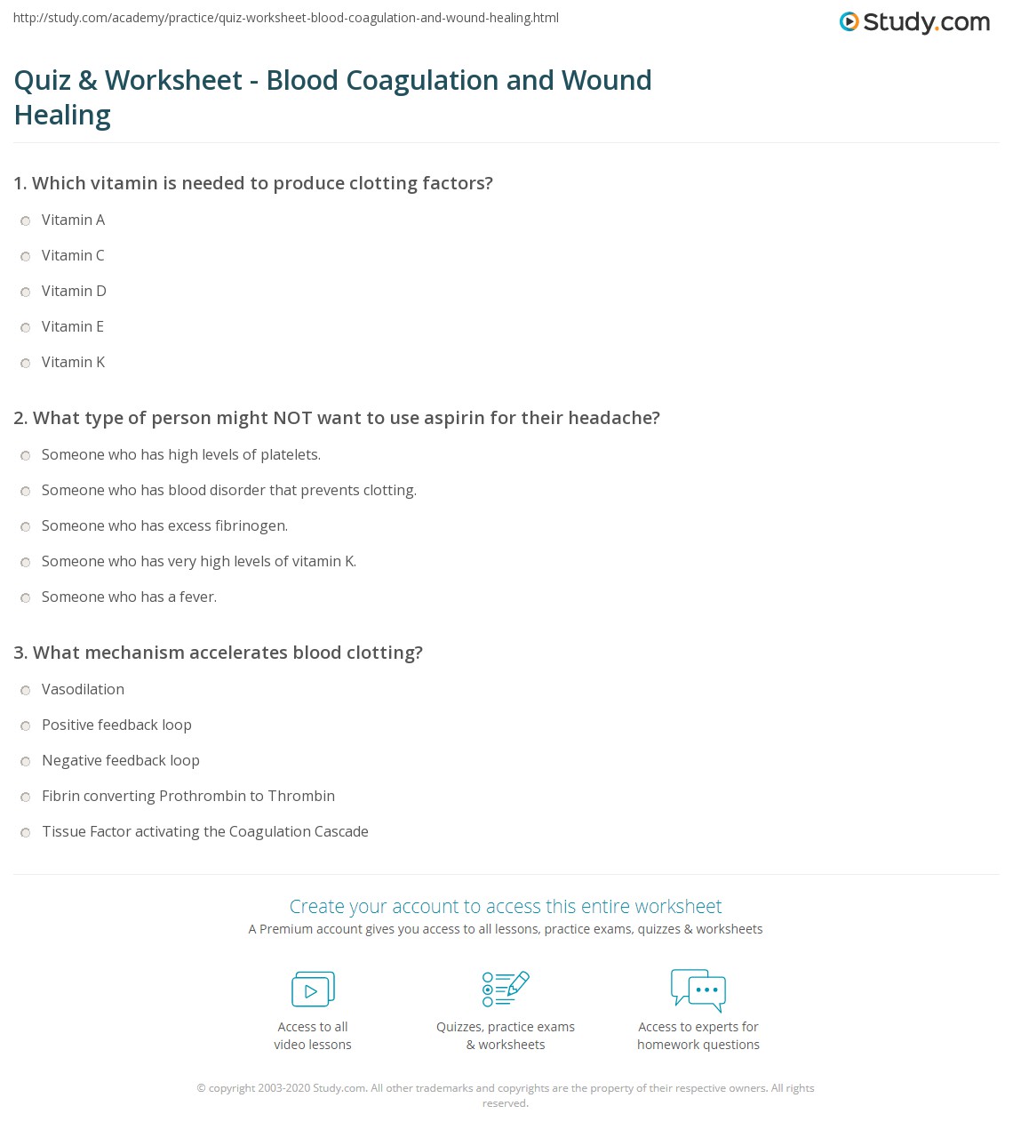Quiz & Worksheet - Blood Coagulation and Wound Healing | Study.com