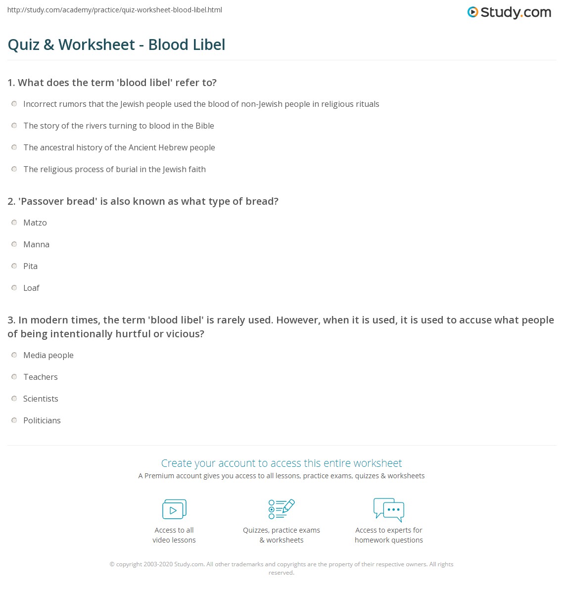 Quiz & Worksheet - Blood Libel | Study.com
