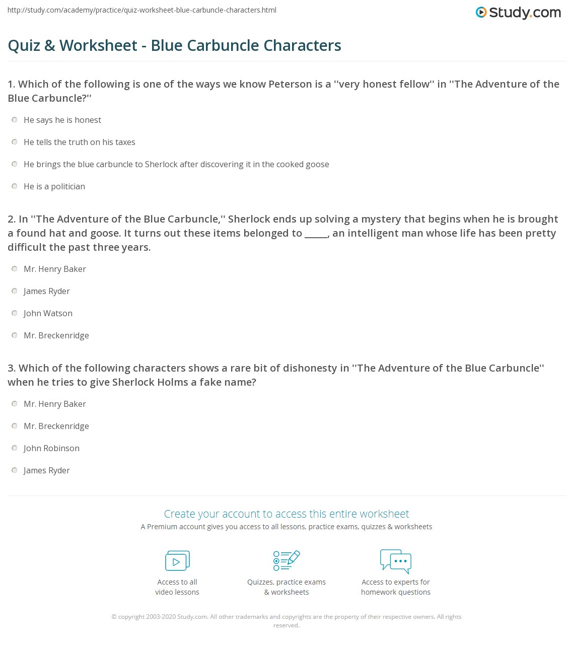 Quiz & Worksheet - Blue Carbuncle Characters | Study.com