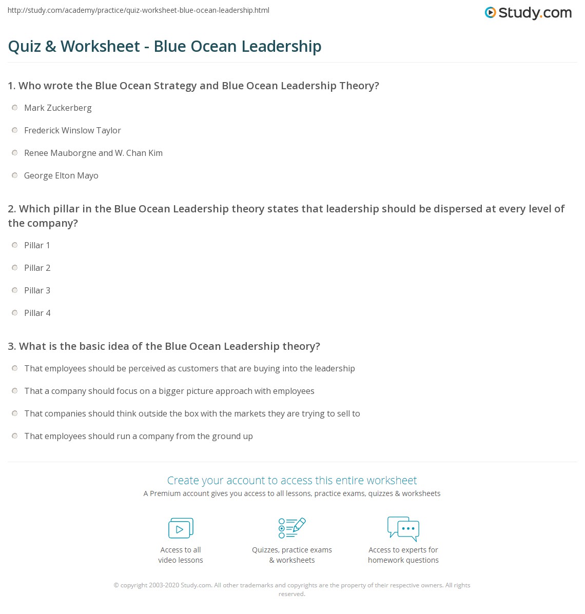 Quiz & Worksheet - Blue Ocean Leadership | Study.com