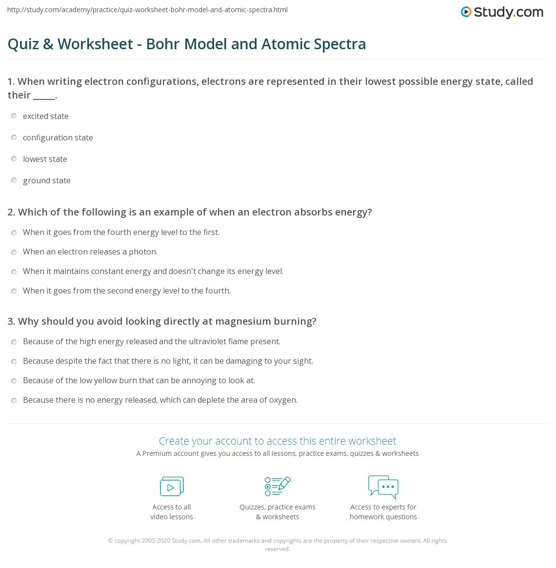 Quiz Worksheet Bohr Model And Atomic Spectra Study