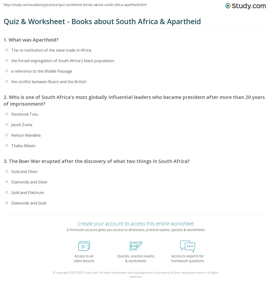 Quiz & Worksheet - Books about South Africa & Apartheid | Study.com