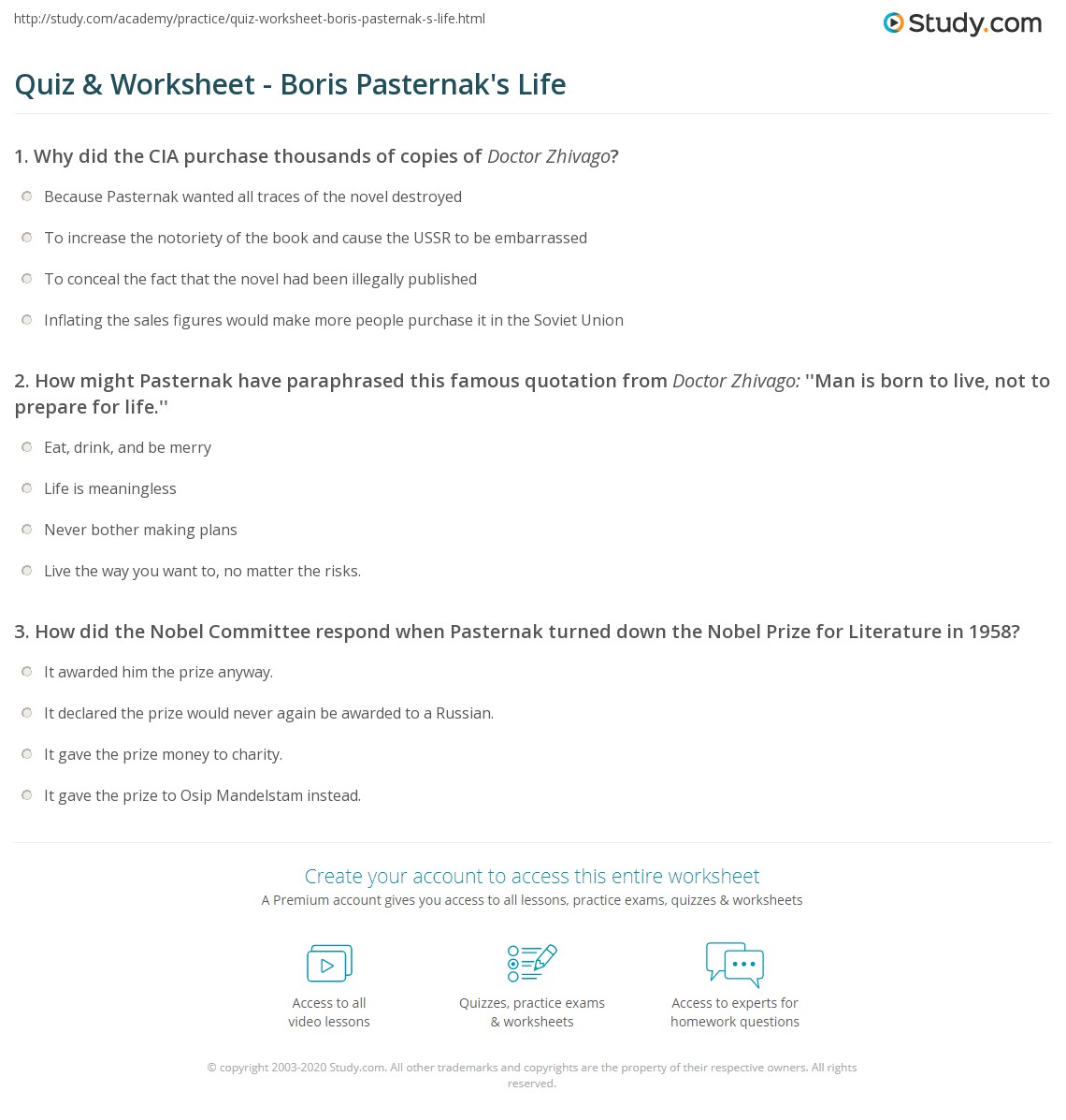 Quiz & Worksheet - Boris Pasternak's Life | Study.com