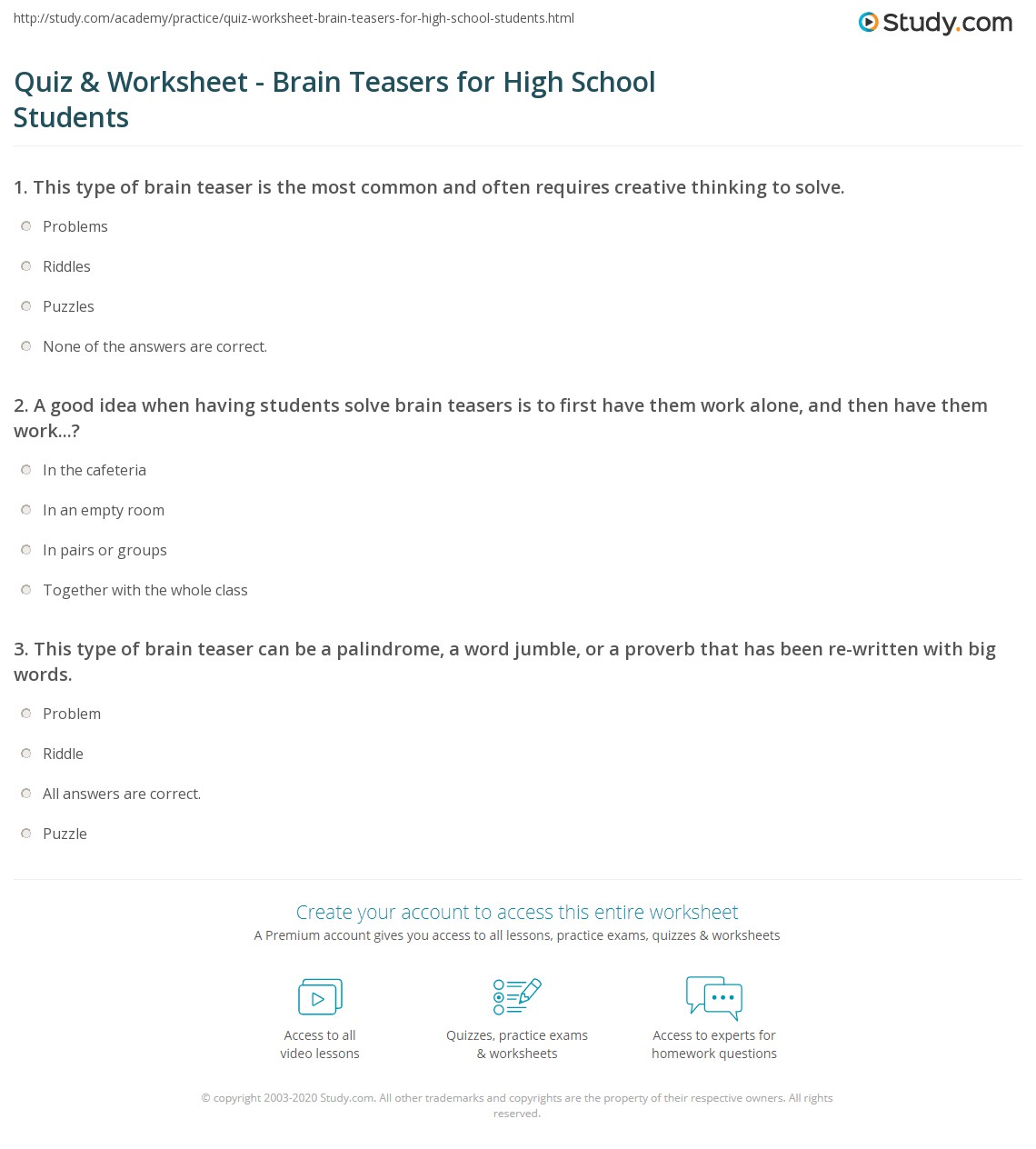 Quiz Worksheet Brain Teasers For High School Students Study Quiz Worksheet Brain Teasers For High School Students Study