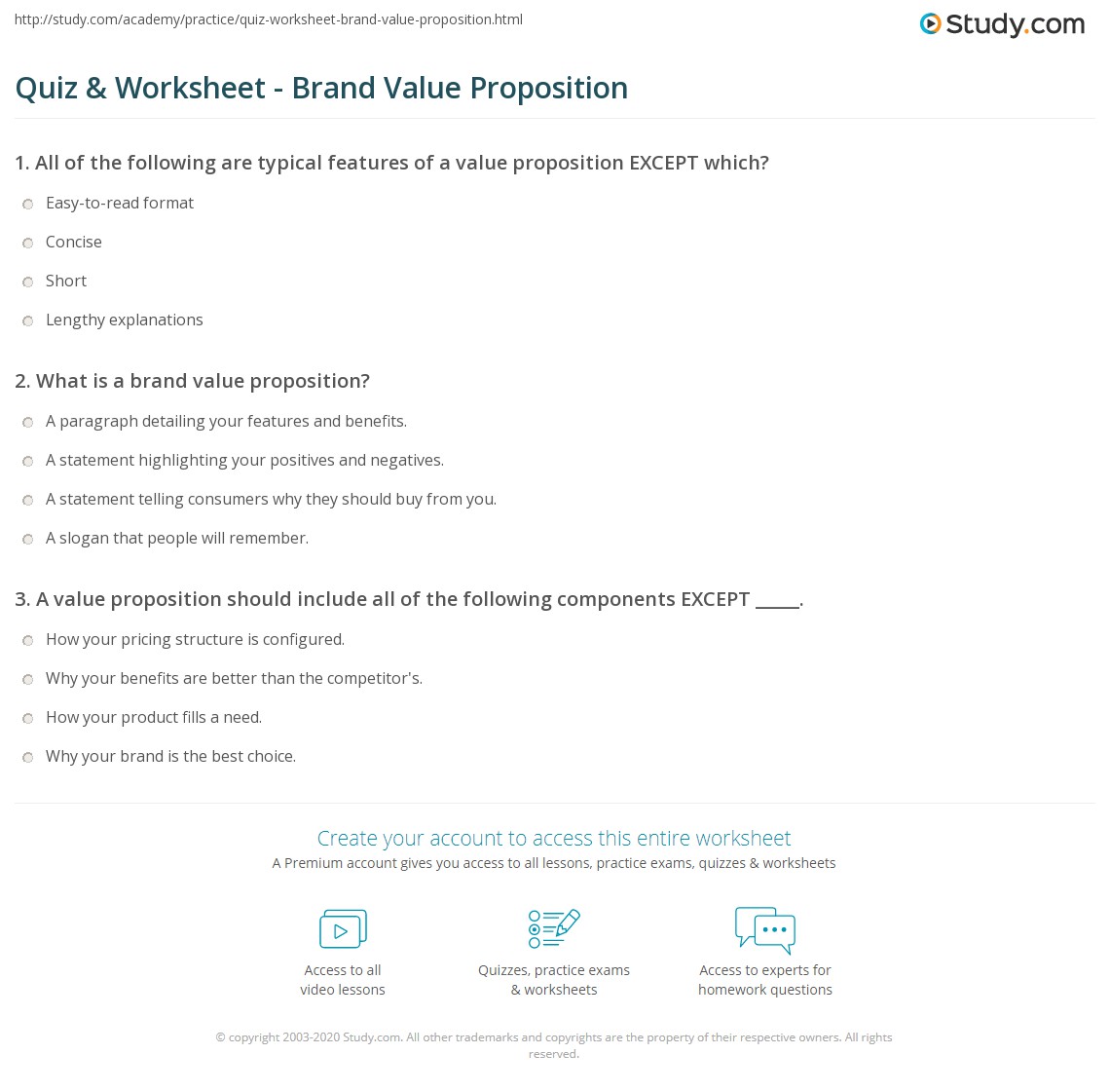 Quiz & Worksheet - Brand Value Proposition | Study.com