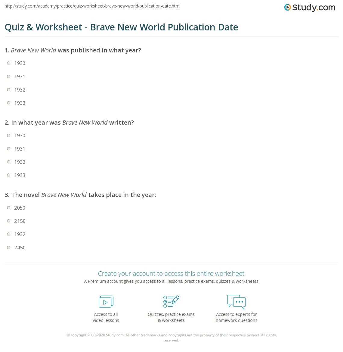 Quiz & Worksheet - Brave New World Publication Date | Study.com