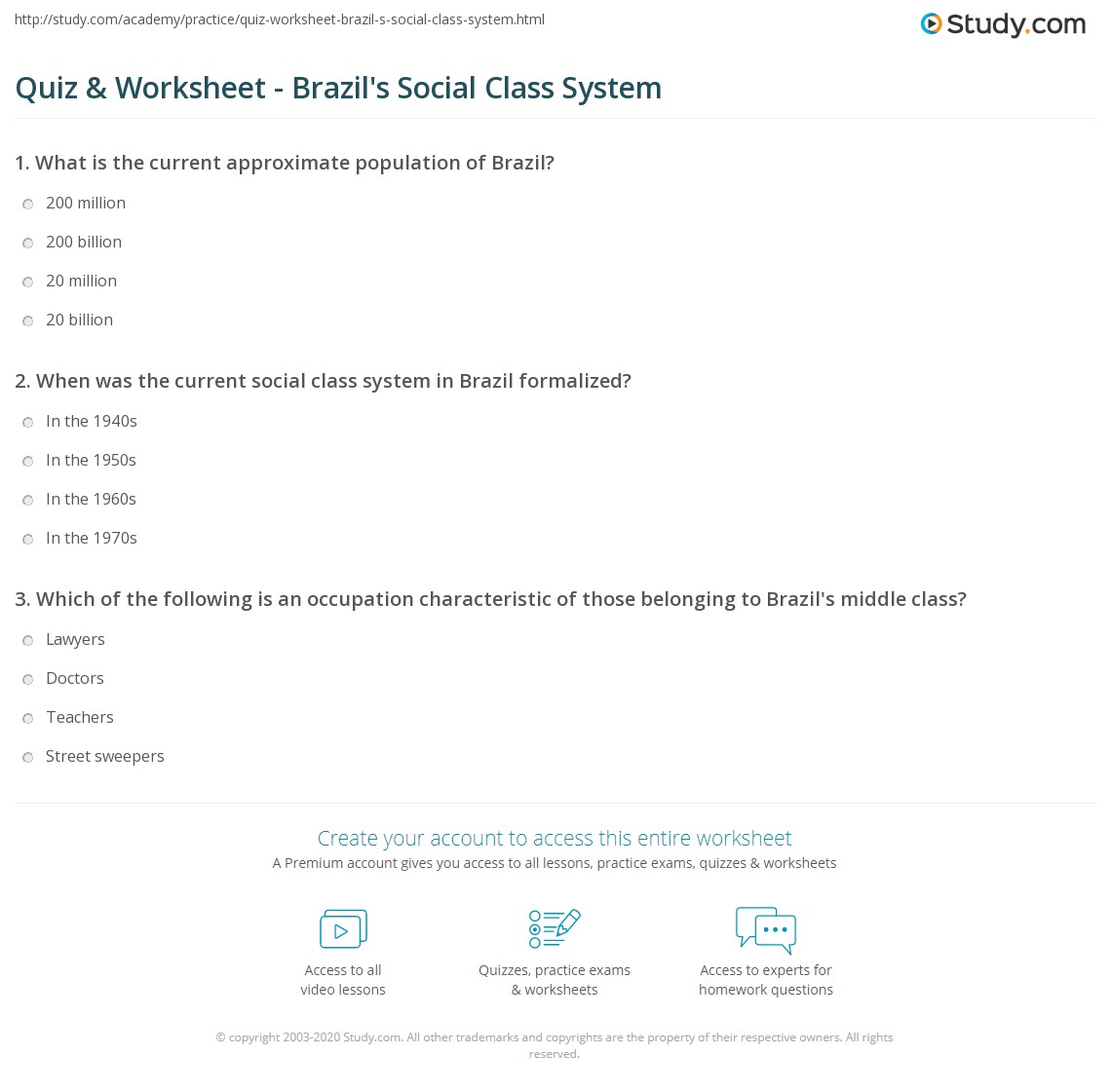 Quiz & Worksheet - Brazil's Social Class System | Study.com