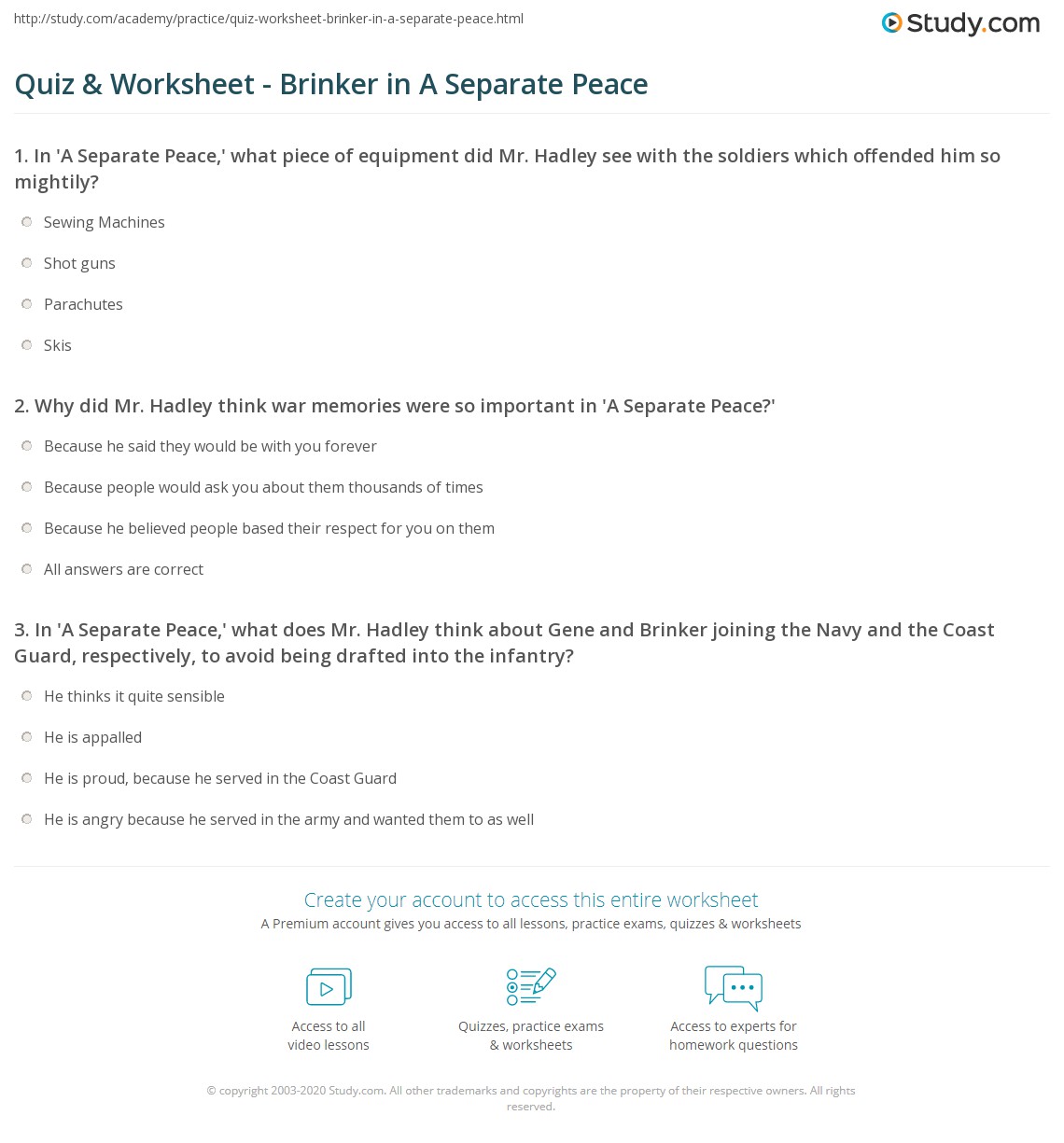 Quiz & Worksheet - Brinker in A Separate Peace | Study.com