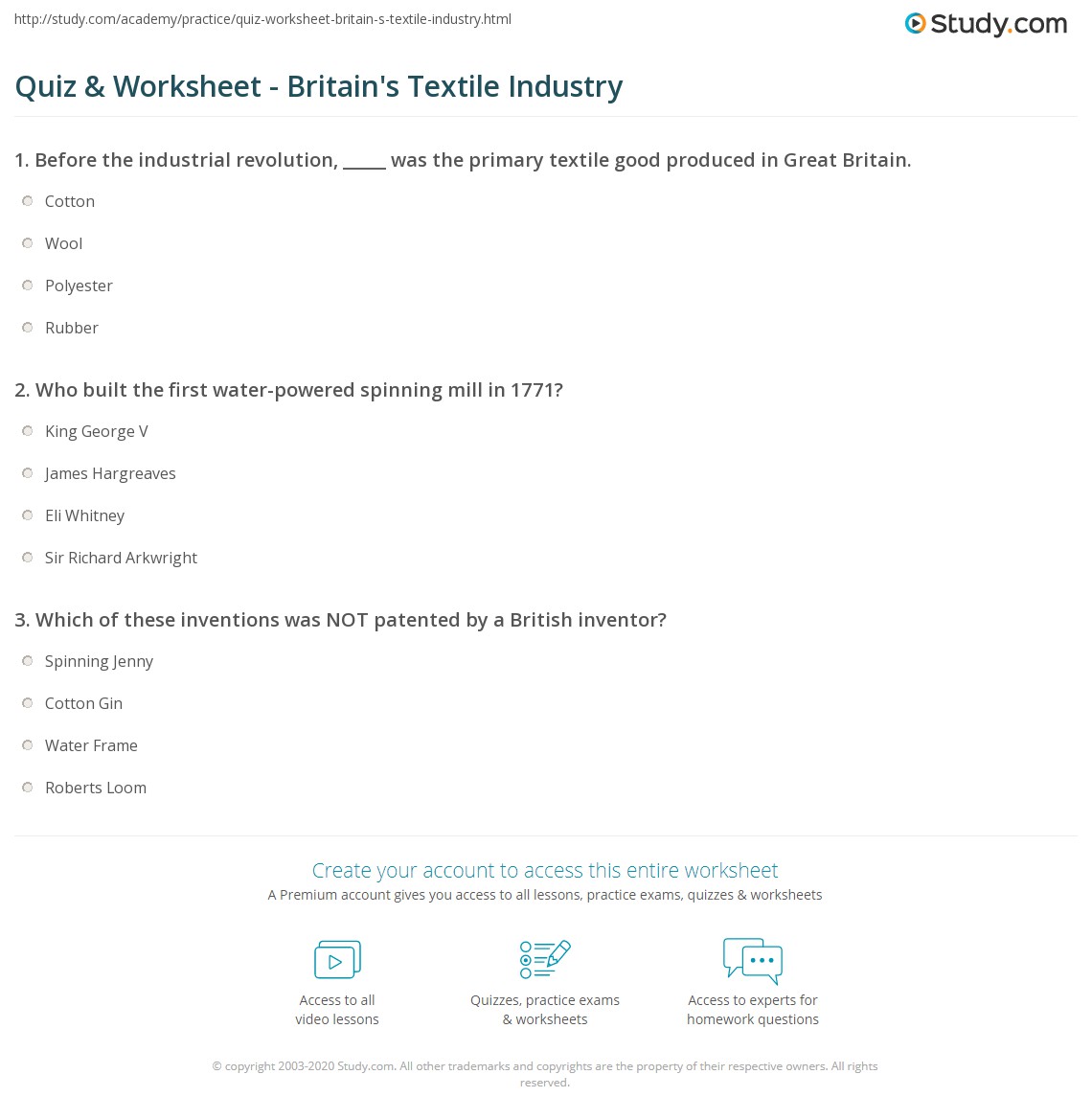 Quiz & Worksheet - Britain's Textile Industry | Study.com