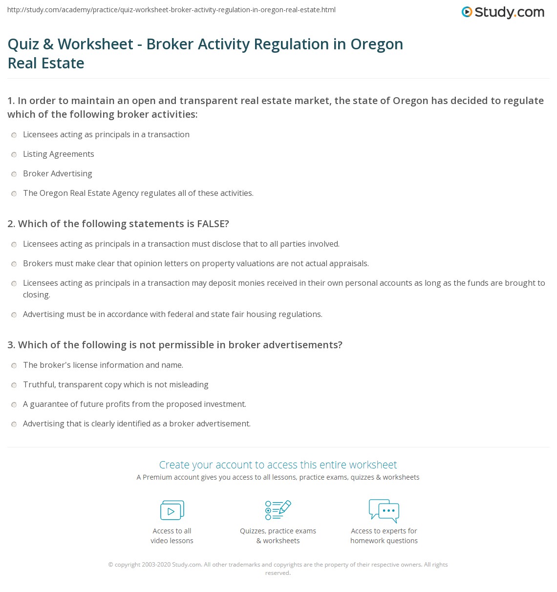 Quiz & Worksheet - Broker Activity Regulation in Oregon Real Estate ...