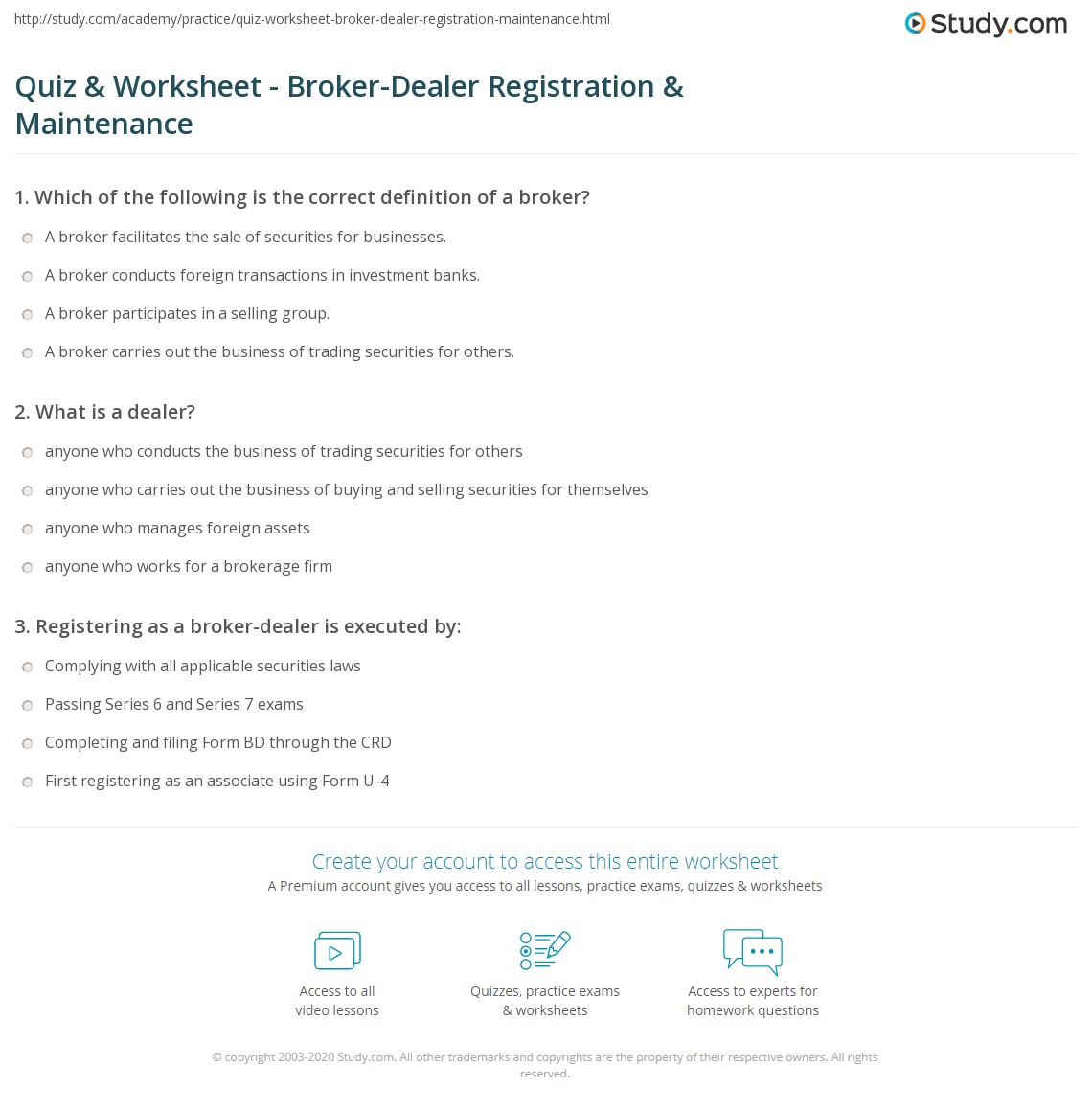 Quiz & Worksheet - Broker-Dealer Registration & Maintenance | Study.com