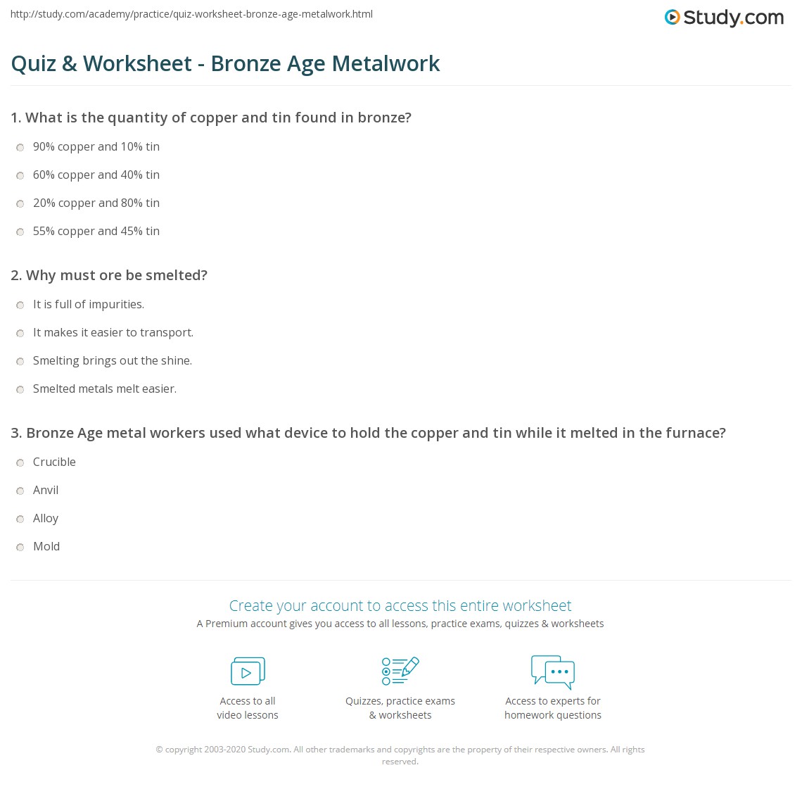 Quiz & Worksheet - Bronze Age Metalwork | Study.com