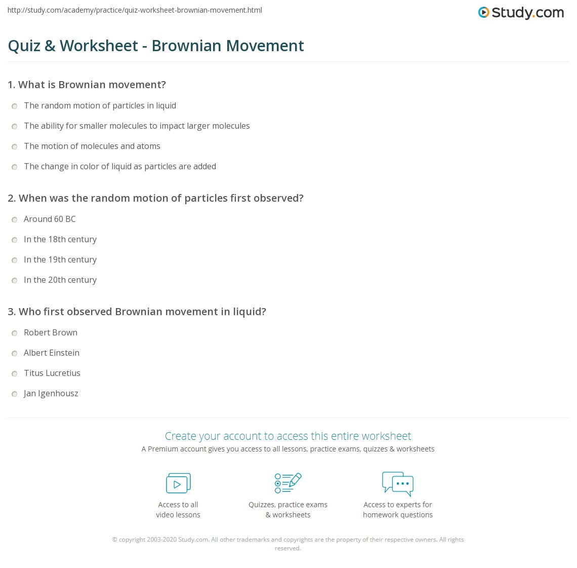 Quiz & Worksheet - Brownian Movement | Study.com