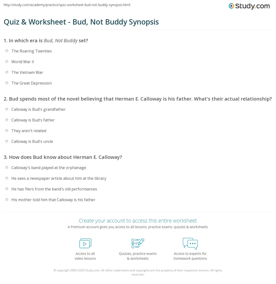 Quiz & Worksheet - Bud, Not Buddy Synopsis | Study.com