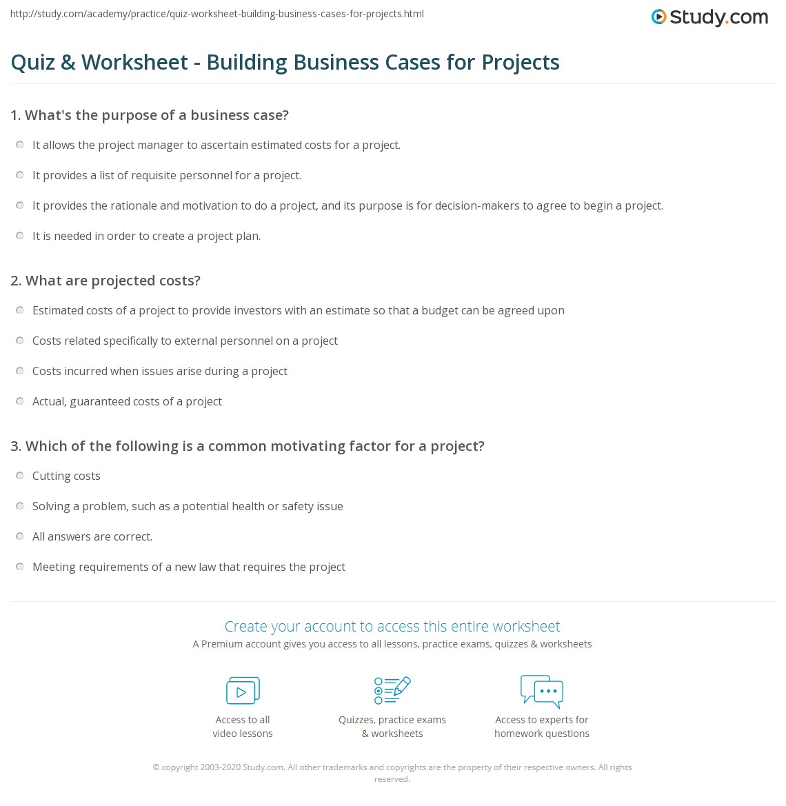 Quiz & Worksheet - Building Business Cases for Projects | Study.com