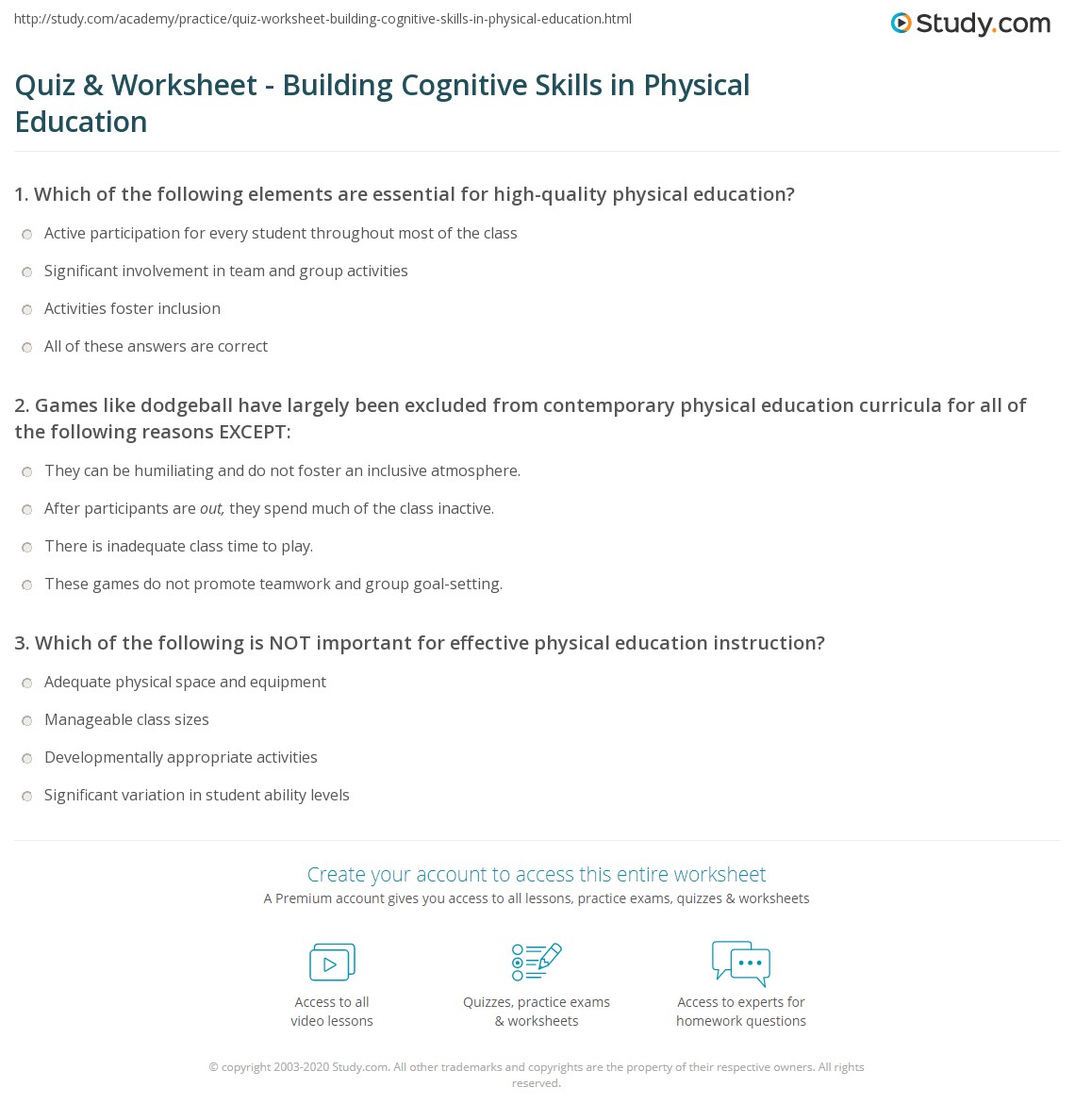 Quiz & Worksheet - Building Cognitive Skills in Physical Education ...