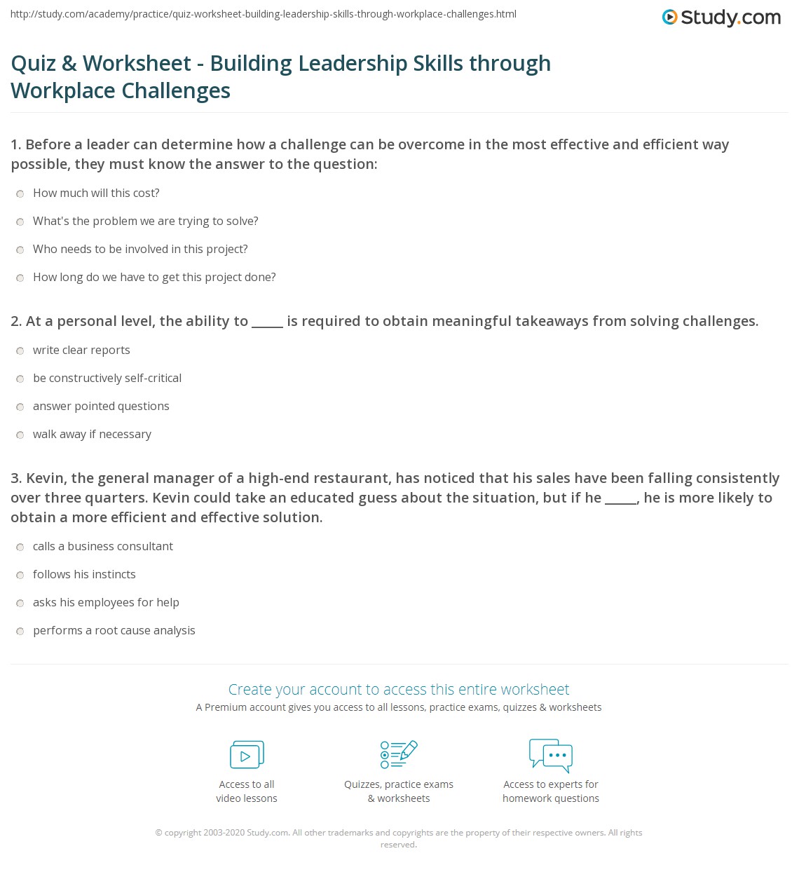 Quiz & Worksheet - Building Leadership Skills through Workplace ...