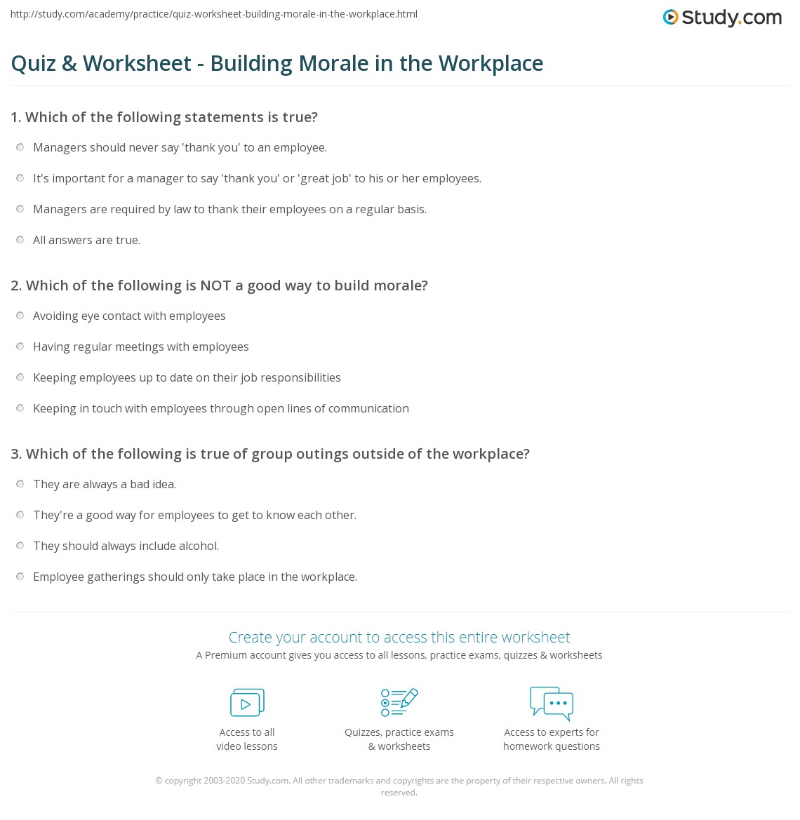Quiz & Worksheet - Building Morale in the Workplace | Study.com