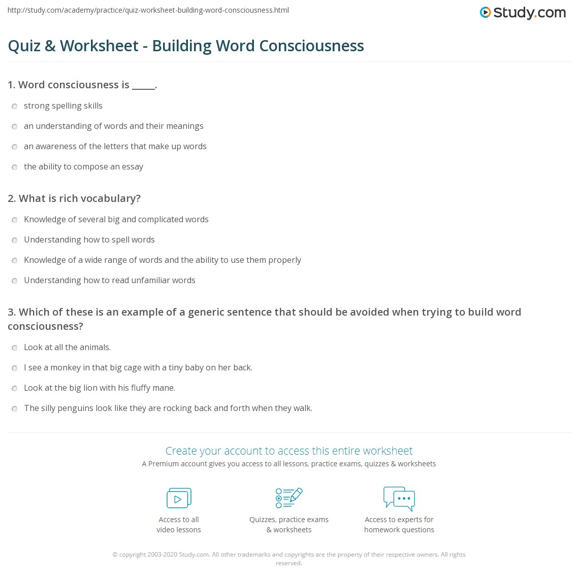 Quiz & Worksheet - Building Word Consciousness | Study.com