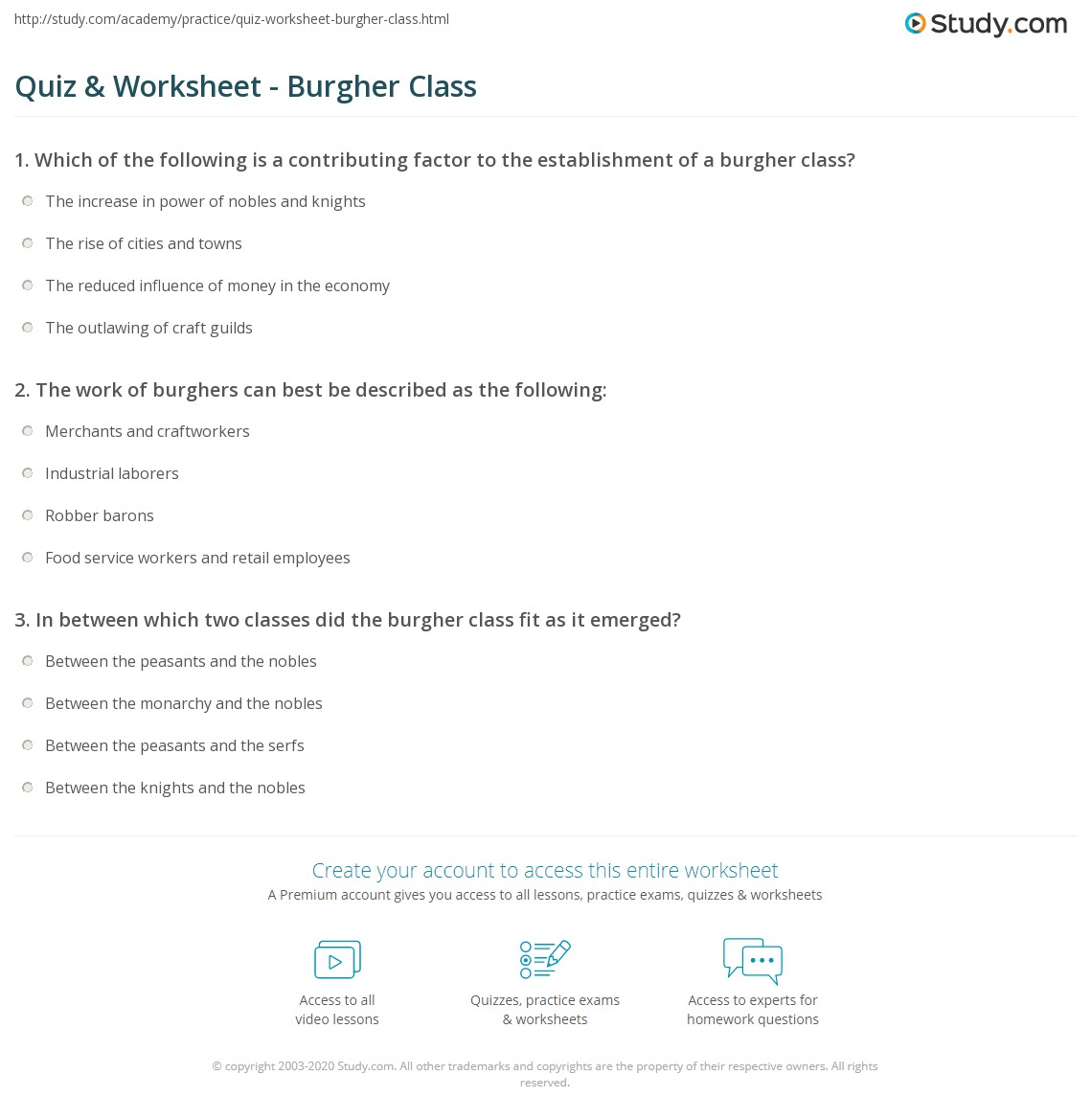 Quiz & Worksheet - Burgher Class | Study.com