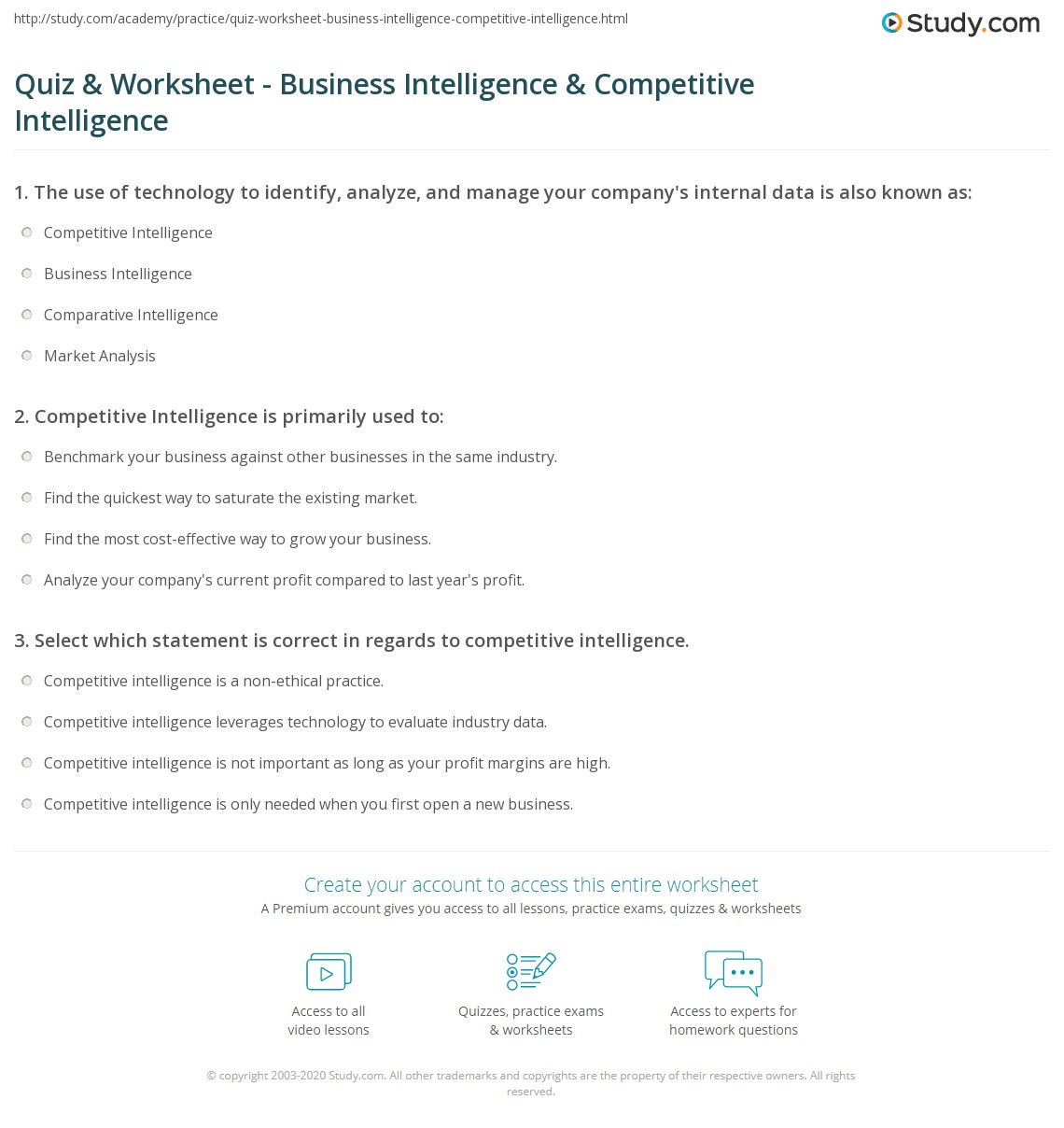 Quiz & Worksheet - Business Intelligence & Competitive Intelligence ...