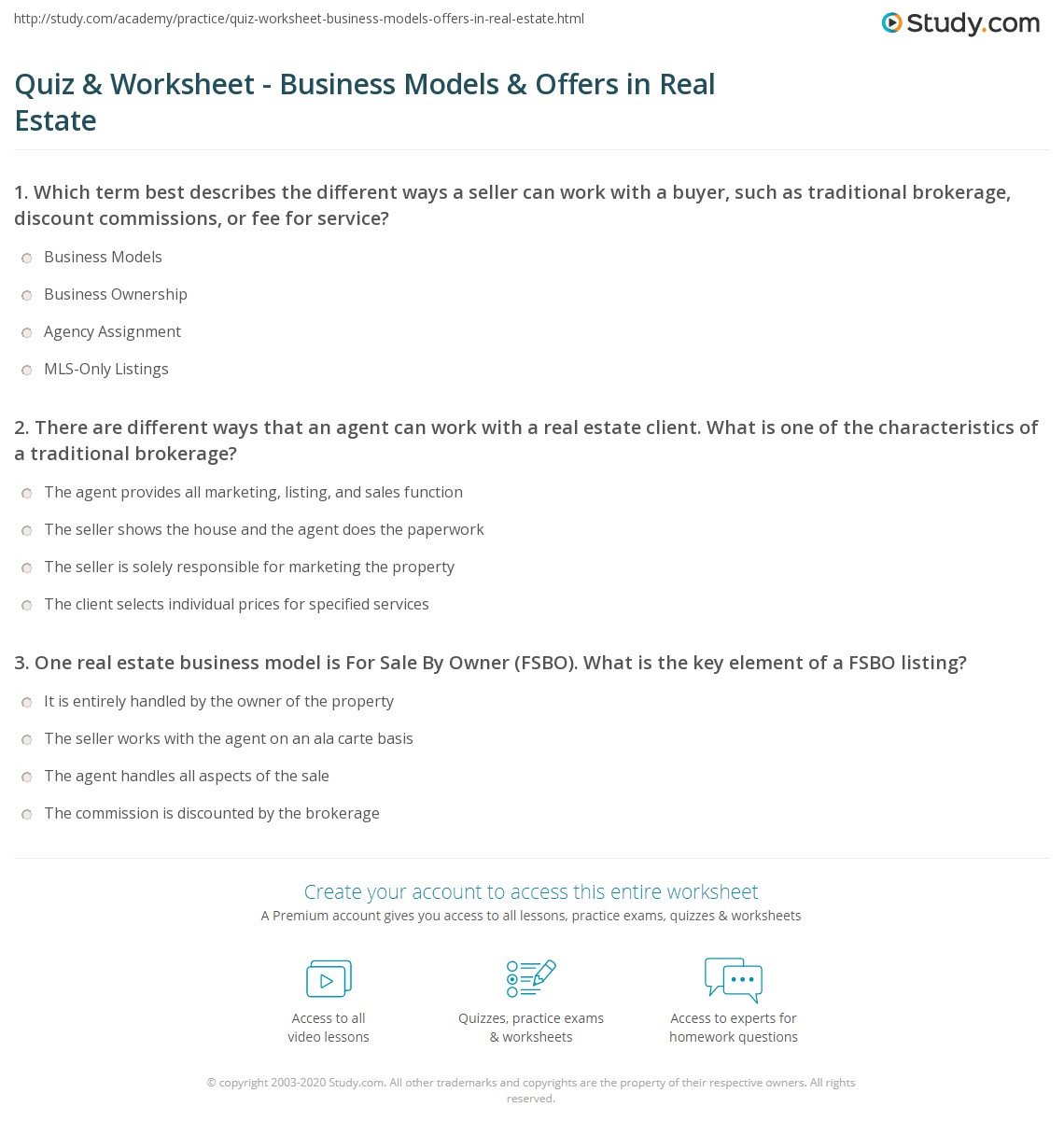 Quiz & Worksheet - Business Models & Offers in Real Estate | Study.com