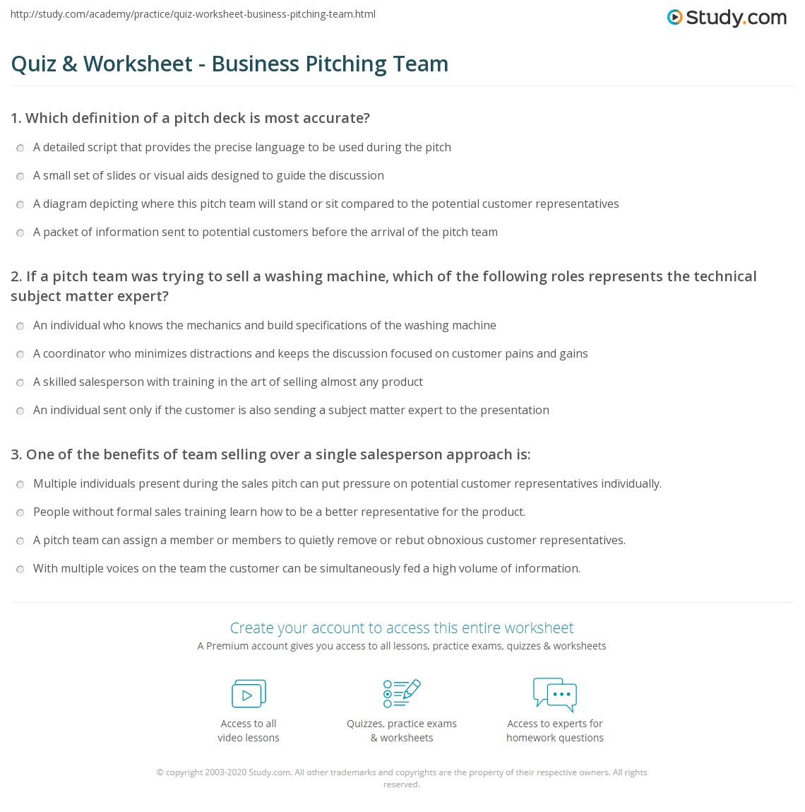 Quiz & Worksheet - Business Pitching Team | Study.com