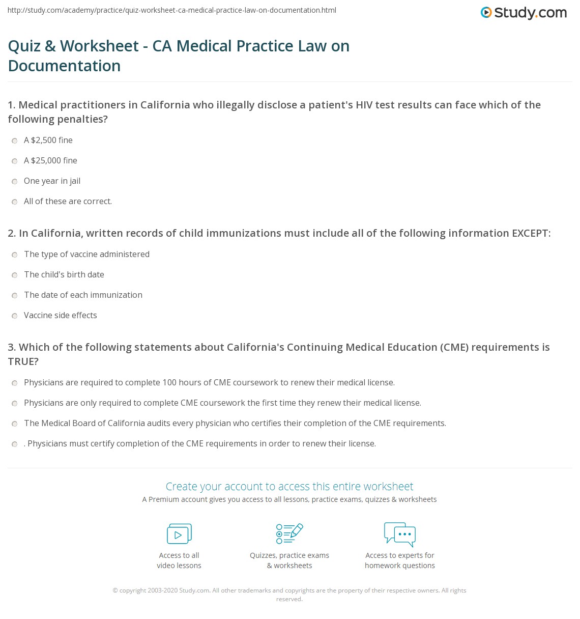 Quiz & Worksheet - CA Medical Practice Law on Documentation | Study.com