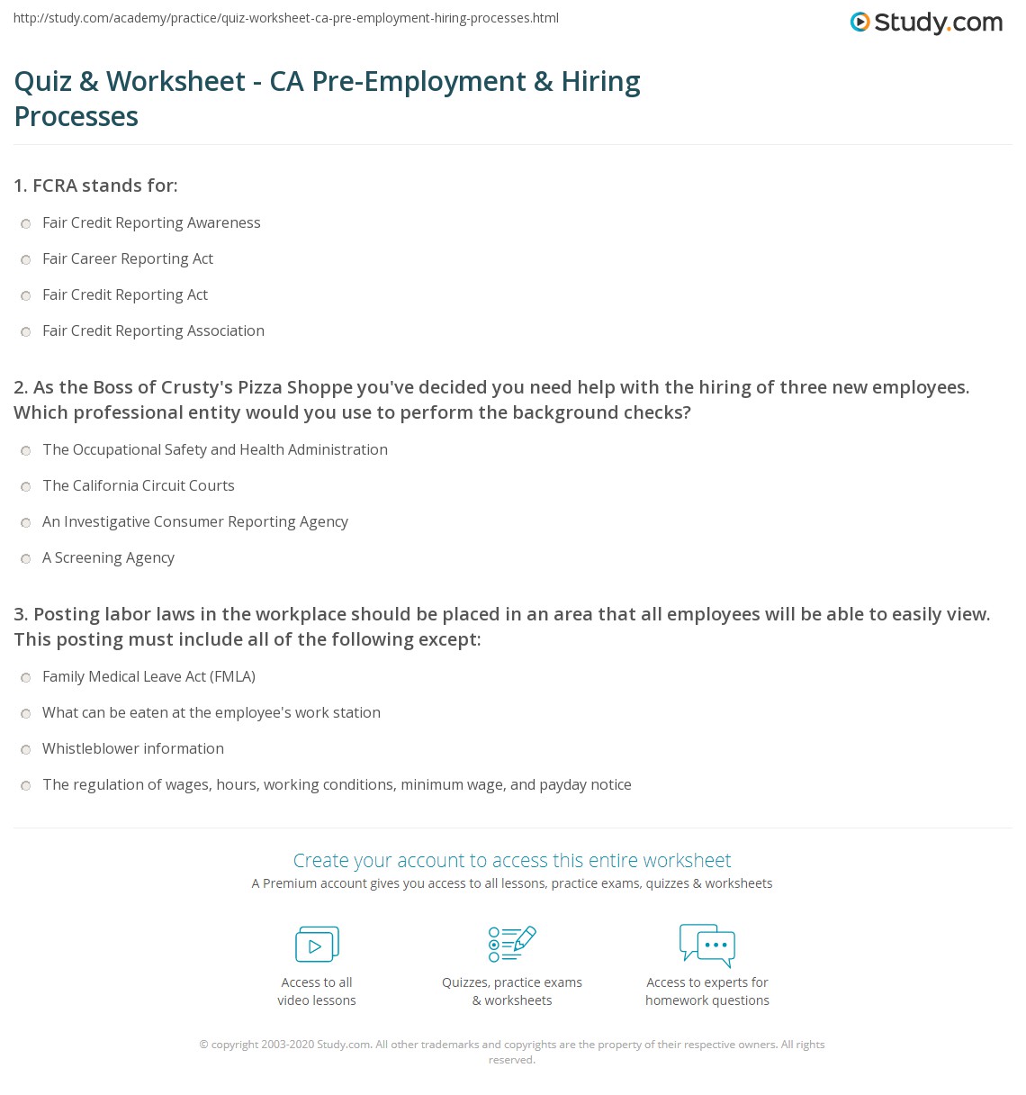 Quiz & Worksheet - CA Pre-Employment & Hiring Processes | Study.com