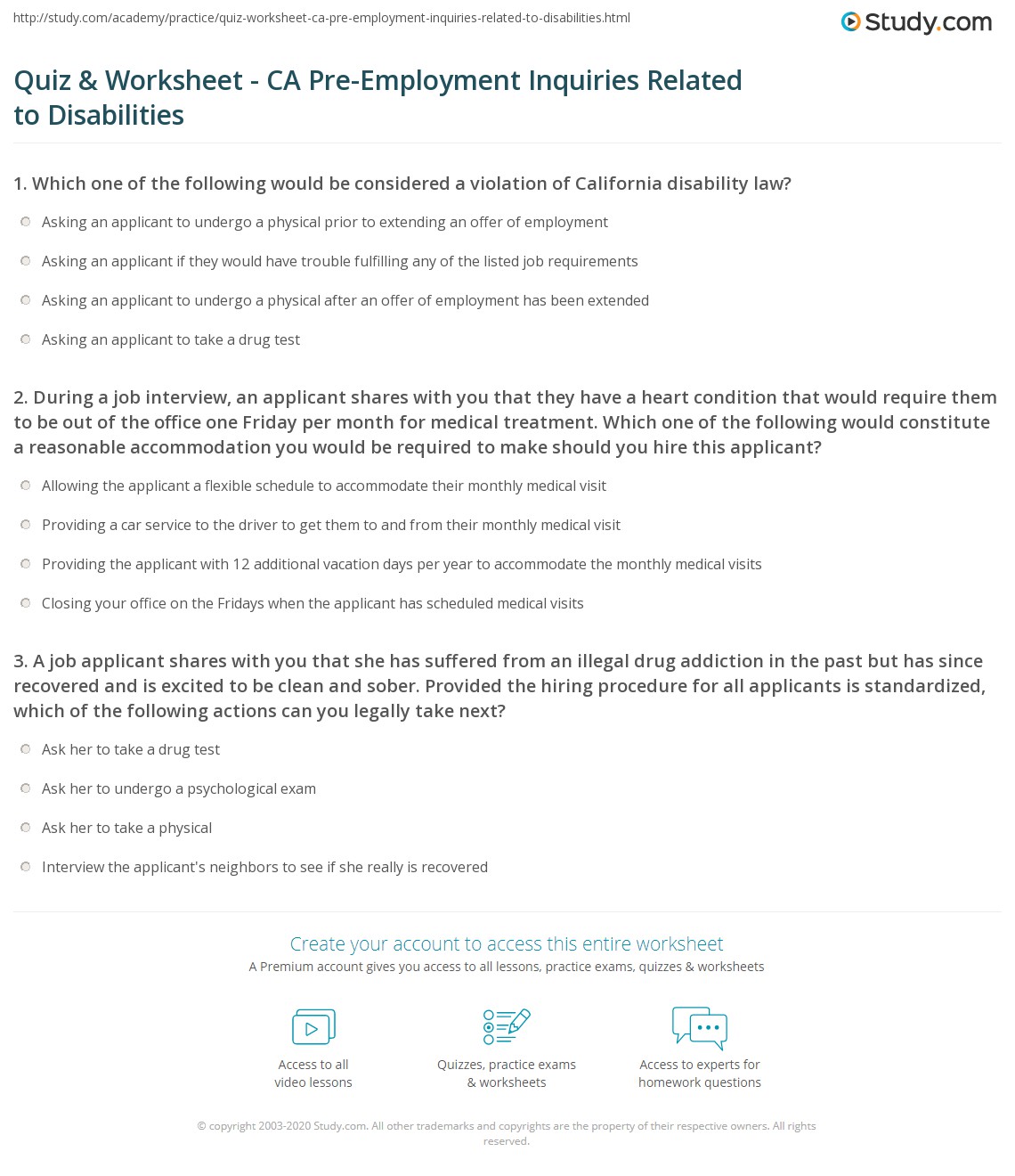 Quiz & Worksheet - CA Pre-Employment Inquiries Related to Disabilities ...