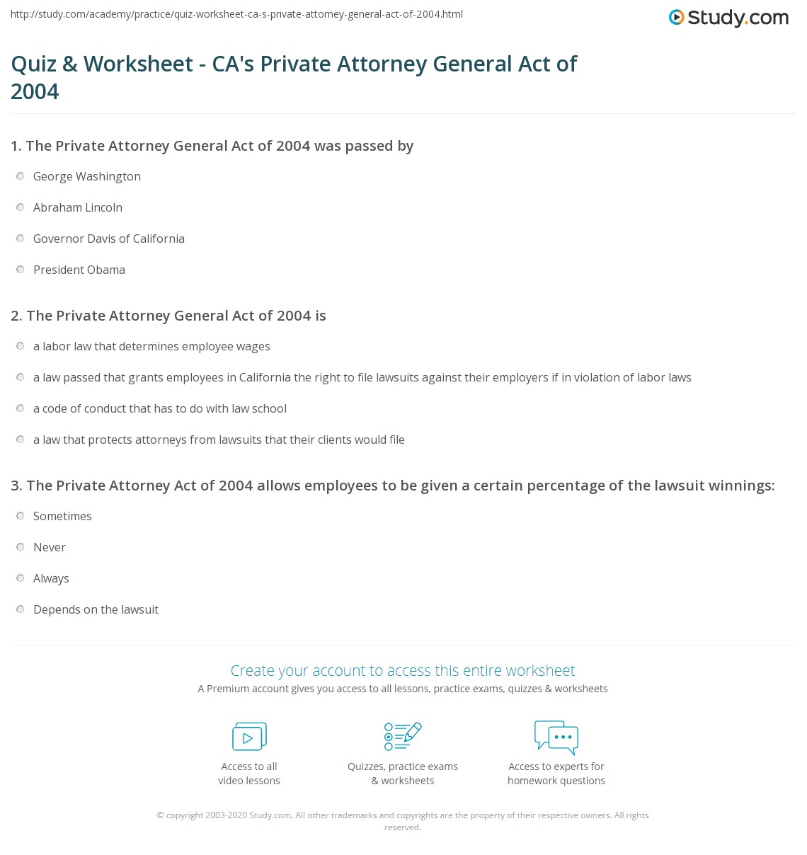 Quiz & Worksheet - CA's Private Attorney General Act of 2004 | Study.com