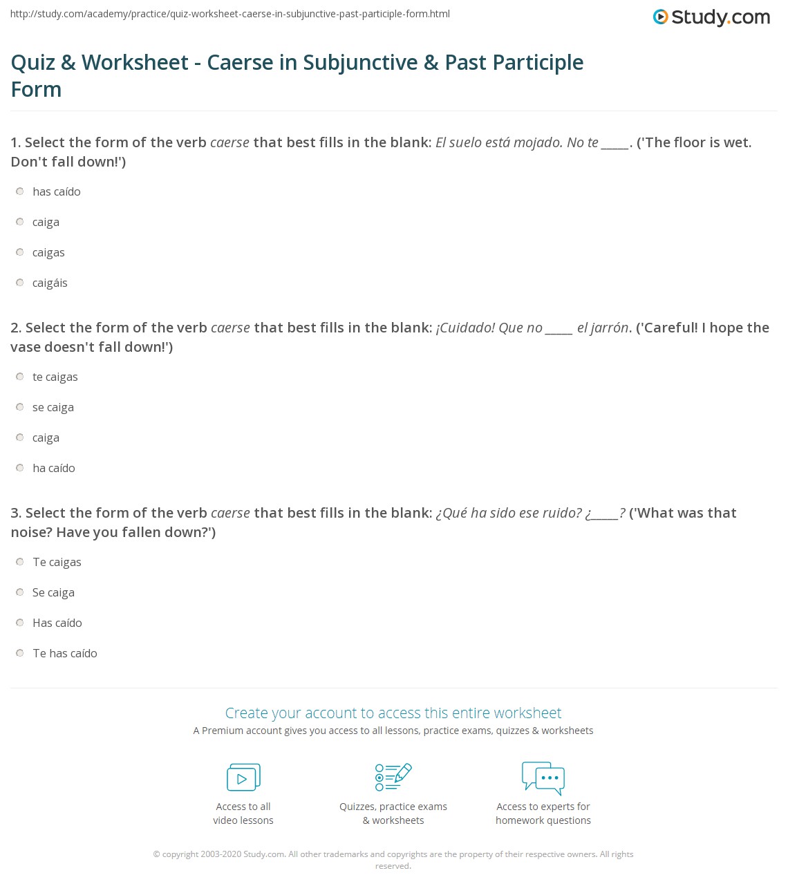 Quiz & Worksheet - Caerse in Subjunctive & Past Participle Form | Study.com