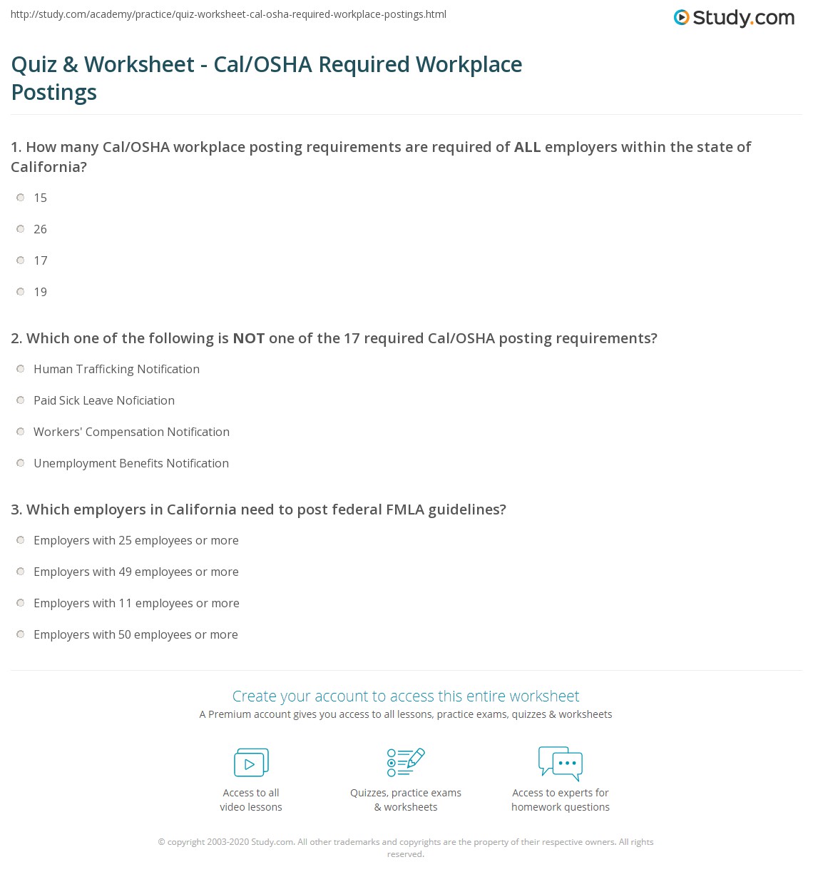 Quiz & Worksheet - Cal/OSHA Required Workplace Postings | Study.com
