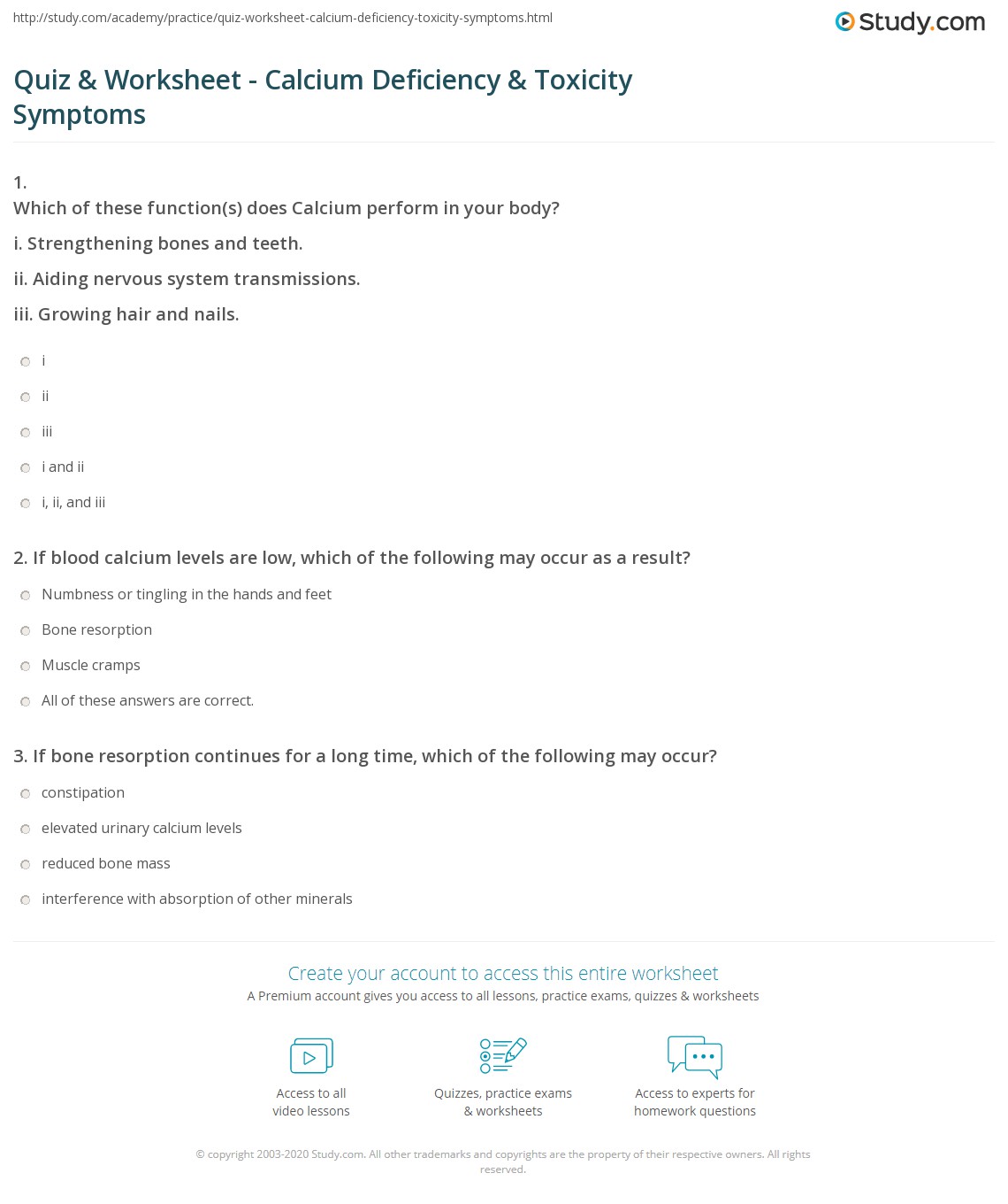 Quiz & Worksheet - Calcium Deficiency & Toxicity Symptoms | Study.com