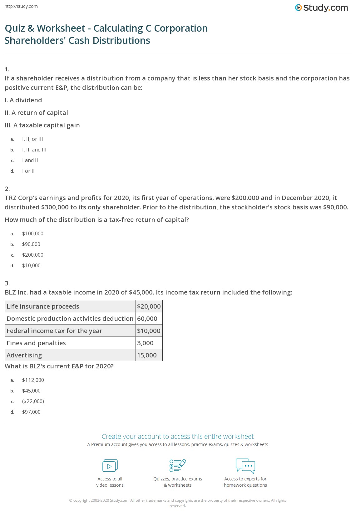 Quiz & Worksheet - Calculating C Corporation Shareholders' Cash ...