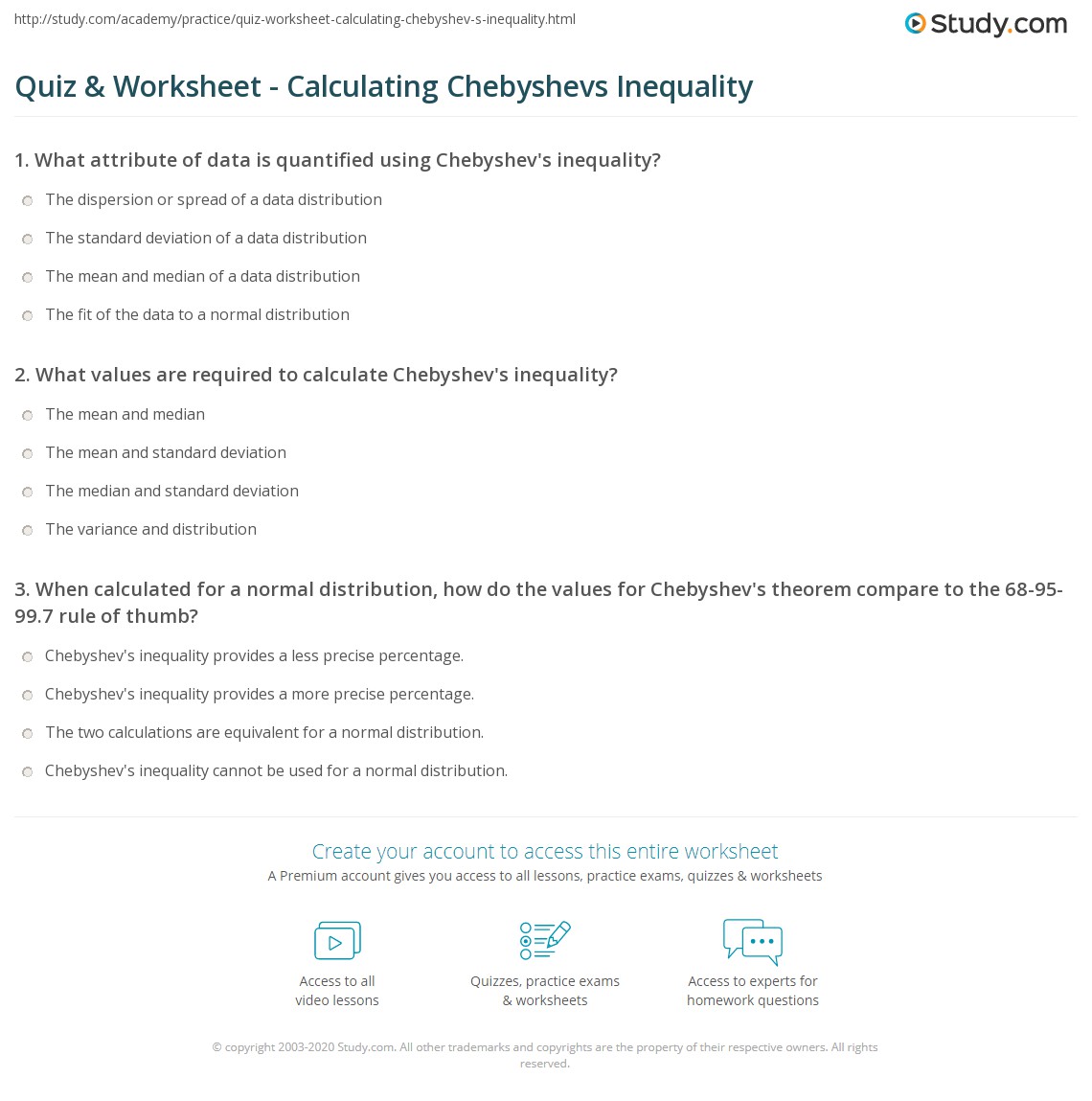Quiz & Worksheet - Calculating Chebyshev s Inequality | Study.com