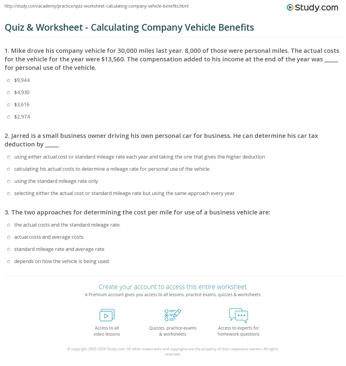 Quiz & Worksheet - Calculating Company Vehicle Benefits | Study.com