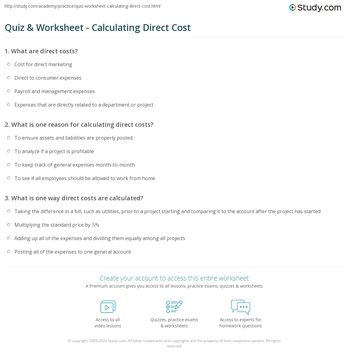 Quiz & Worksheet - Calculating Direct Cost | Study.com