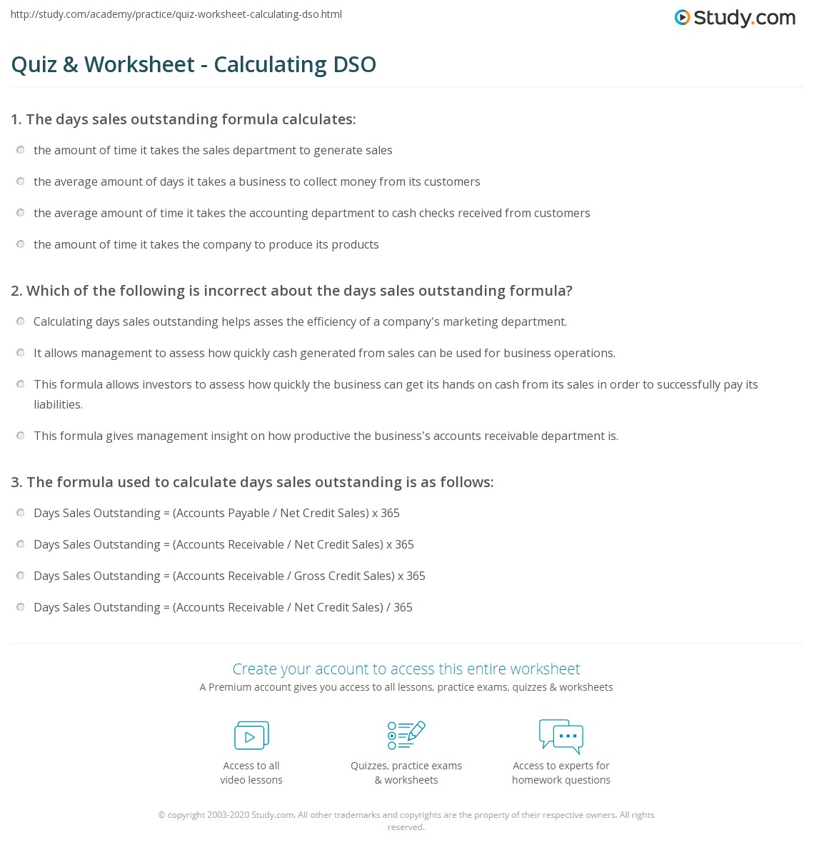 Quiz & Worksheet - Calculating DSO | Study.com