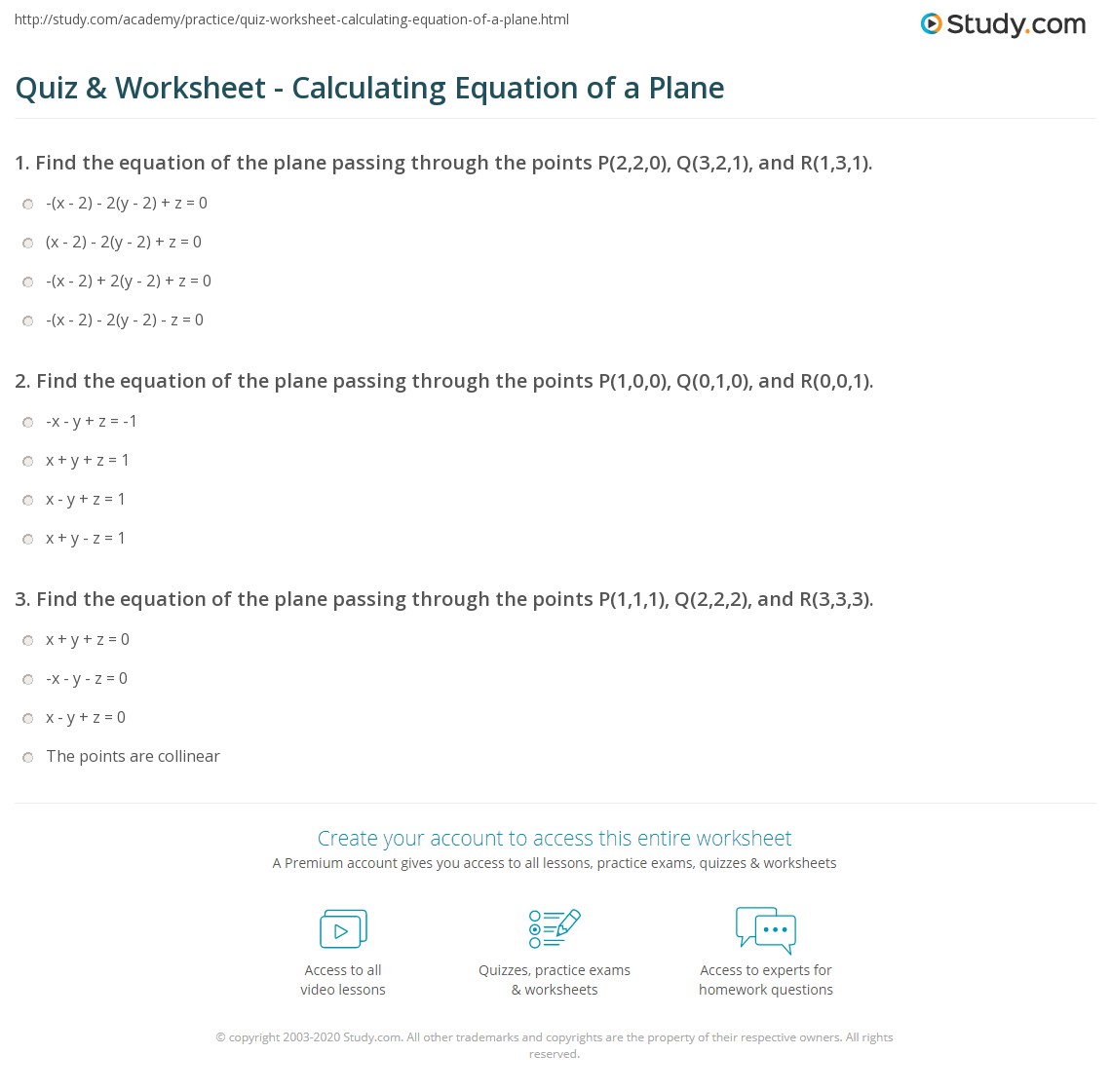 Quiz & Worksheet - Calculating Equation of a Plane | Study.com