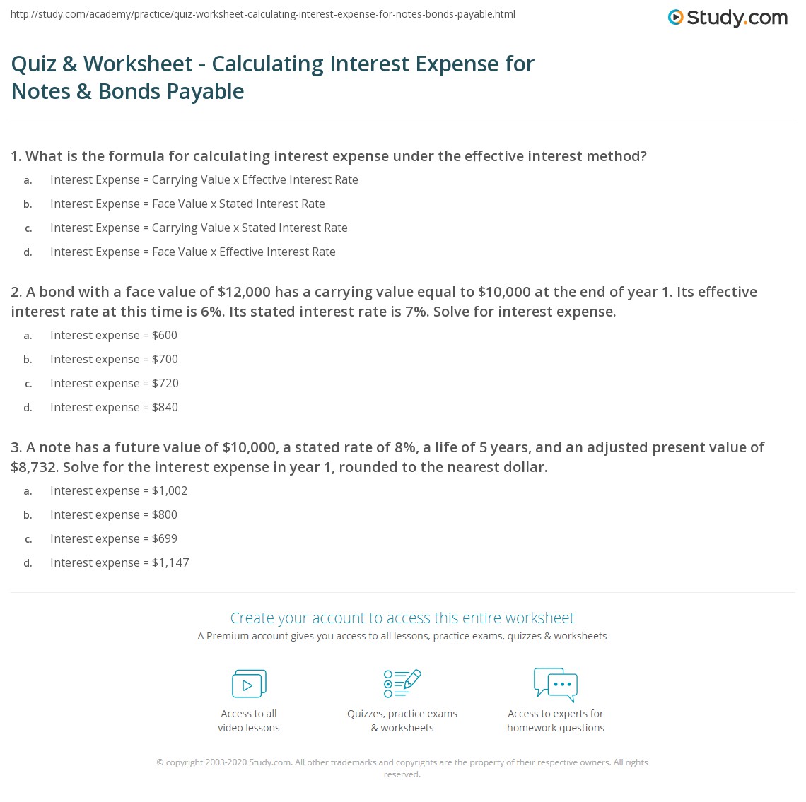 Quiz & Worksheet - Calculating Interest Expense for Notes & Bonds ...